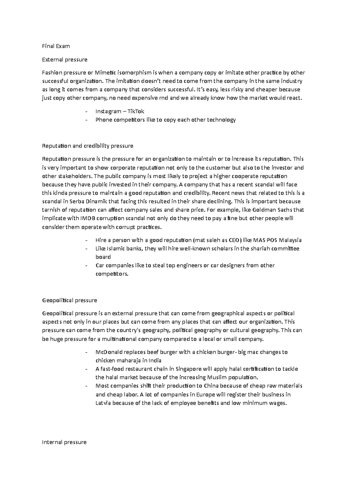 Final Exam - Final Exam External pressure Fashion pressure or Mimetic ...