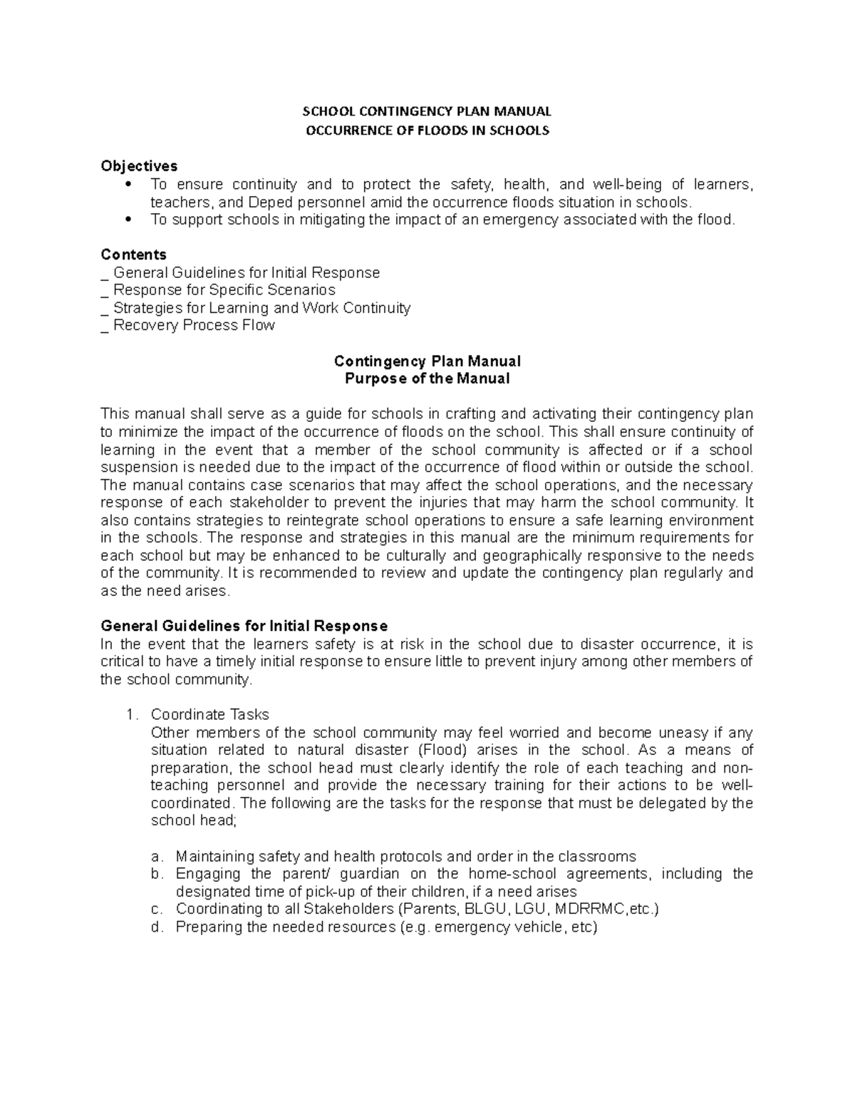 Flood-manual - CONTINGENCY PLAN - SCHOOL CONTINGENCY PLAN MANUAL ...