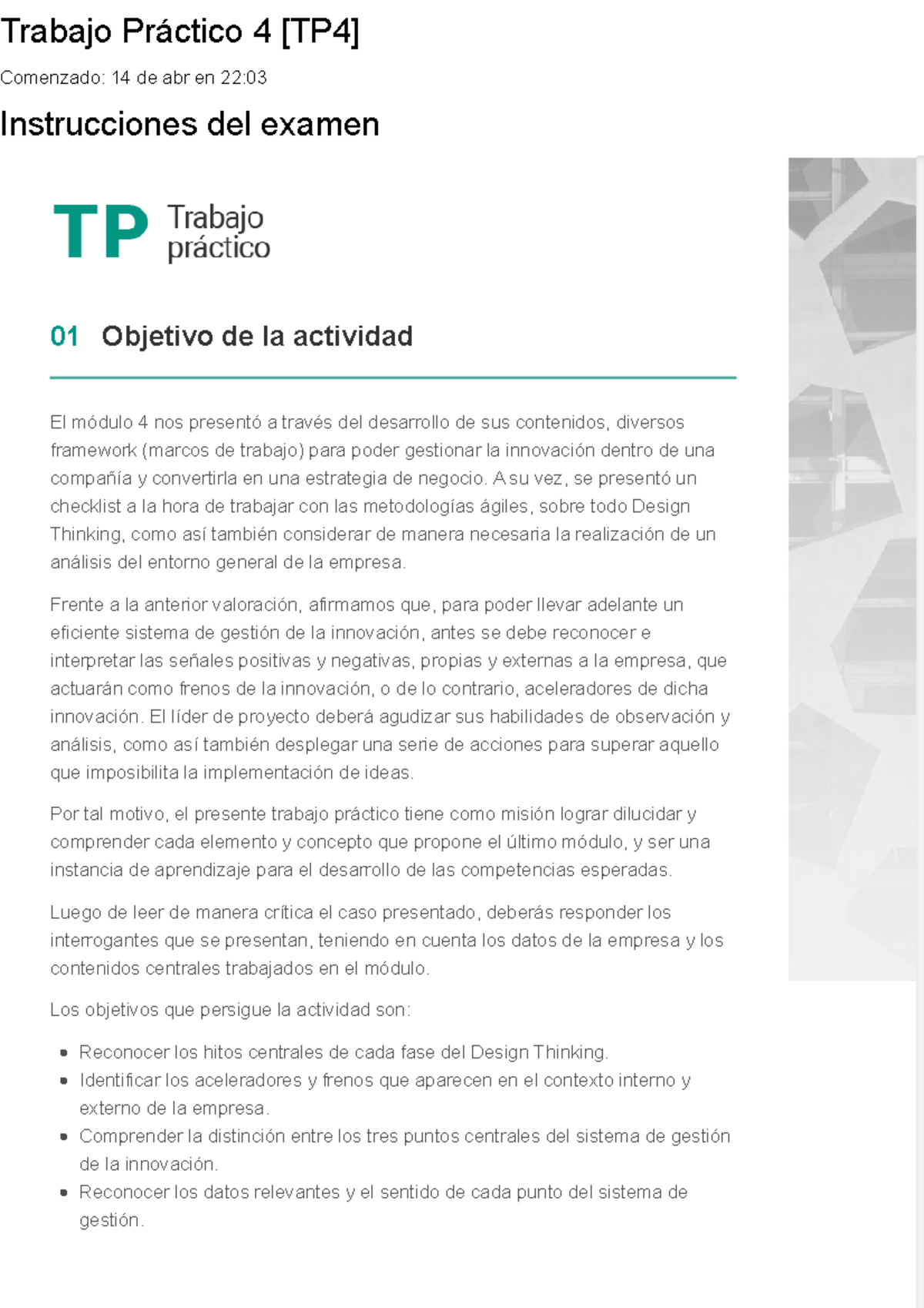 Examen Trabajo Práctico 4 [TP4] innovacion para nuevos proyectos 100% - Trabajo Práctico 4 [TP4 ...