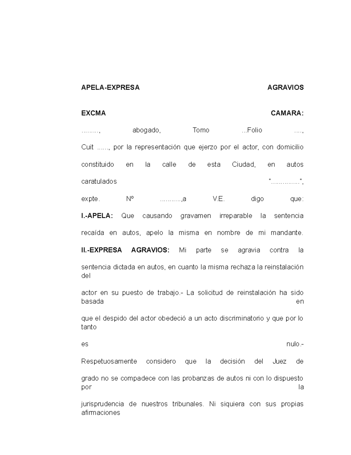 Apela - MODELO ESCRITO - APELA-EXPRESA AGRAVIOS EXCMA CAMARA ...