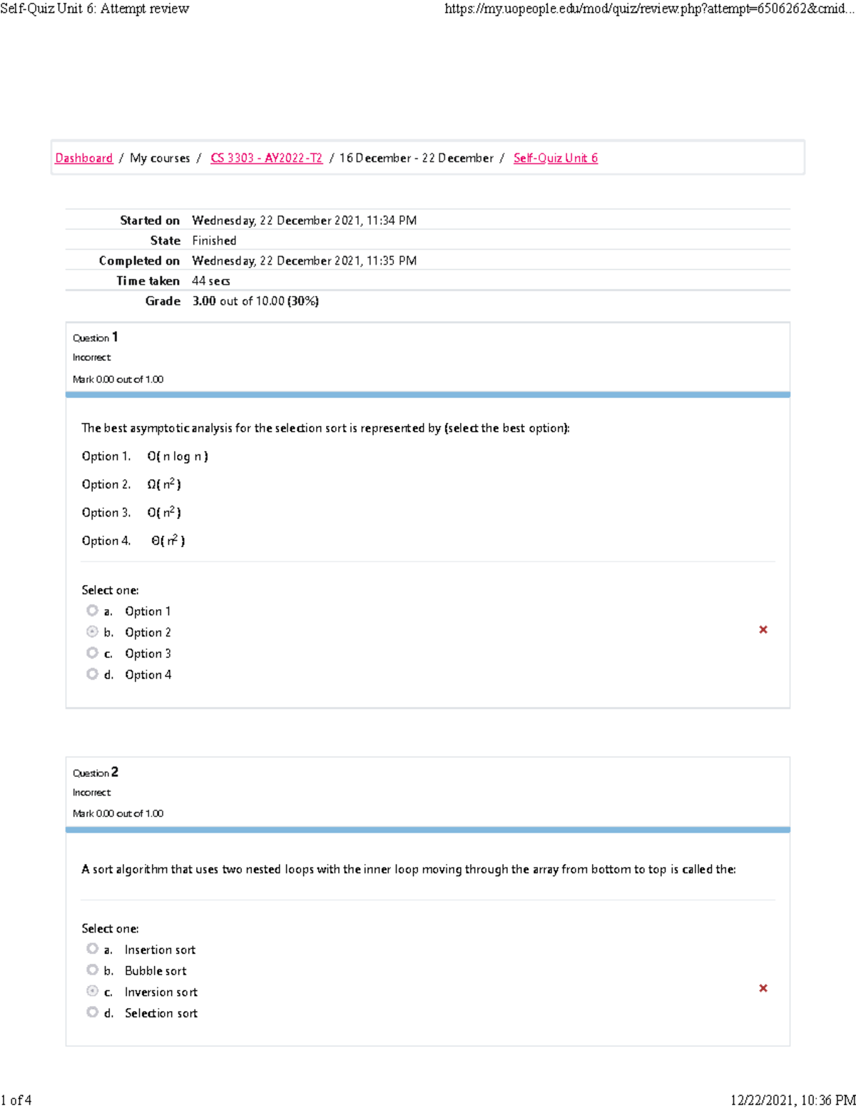 CS 3303 - Quiz6 - Started on Wednesday, 22 December 2021, 11:34 PM ...