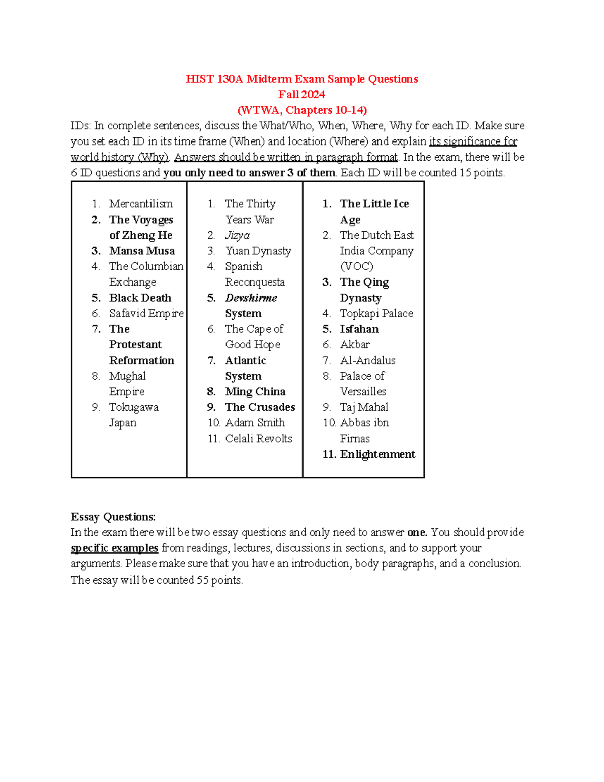 HIST 130 Midterm Exam Sample - HIST 130A Midterm Exam Sample Questions Fall 2024 (WTWA, Chapters ...