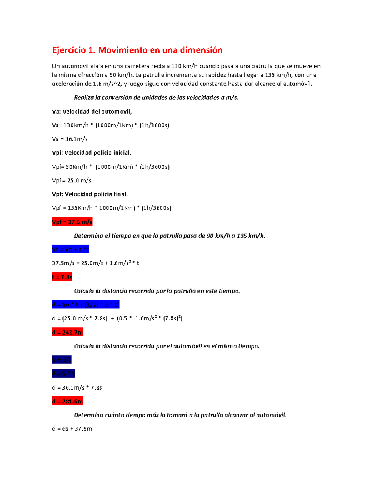 Ejercicios de Cinematica 1 - Ejercicio 1. Movimiento en una dimensión ...