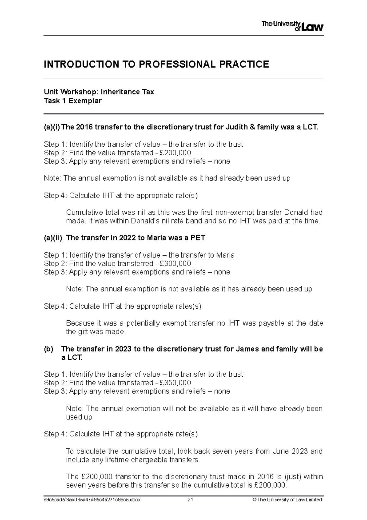 Inheritance Tax Task 1 Exemplar - INTRODUCTION TO PROFESSIONAL PRACTICE Unit Workshop ...