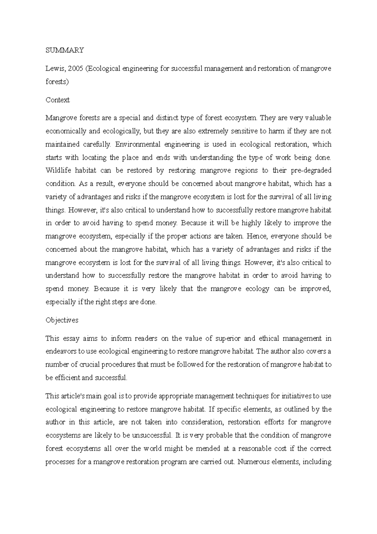 Summary 1 - example of paper. - SUMMARY Lewis, 2005 (Ecological ...