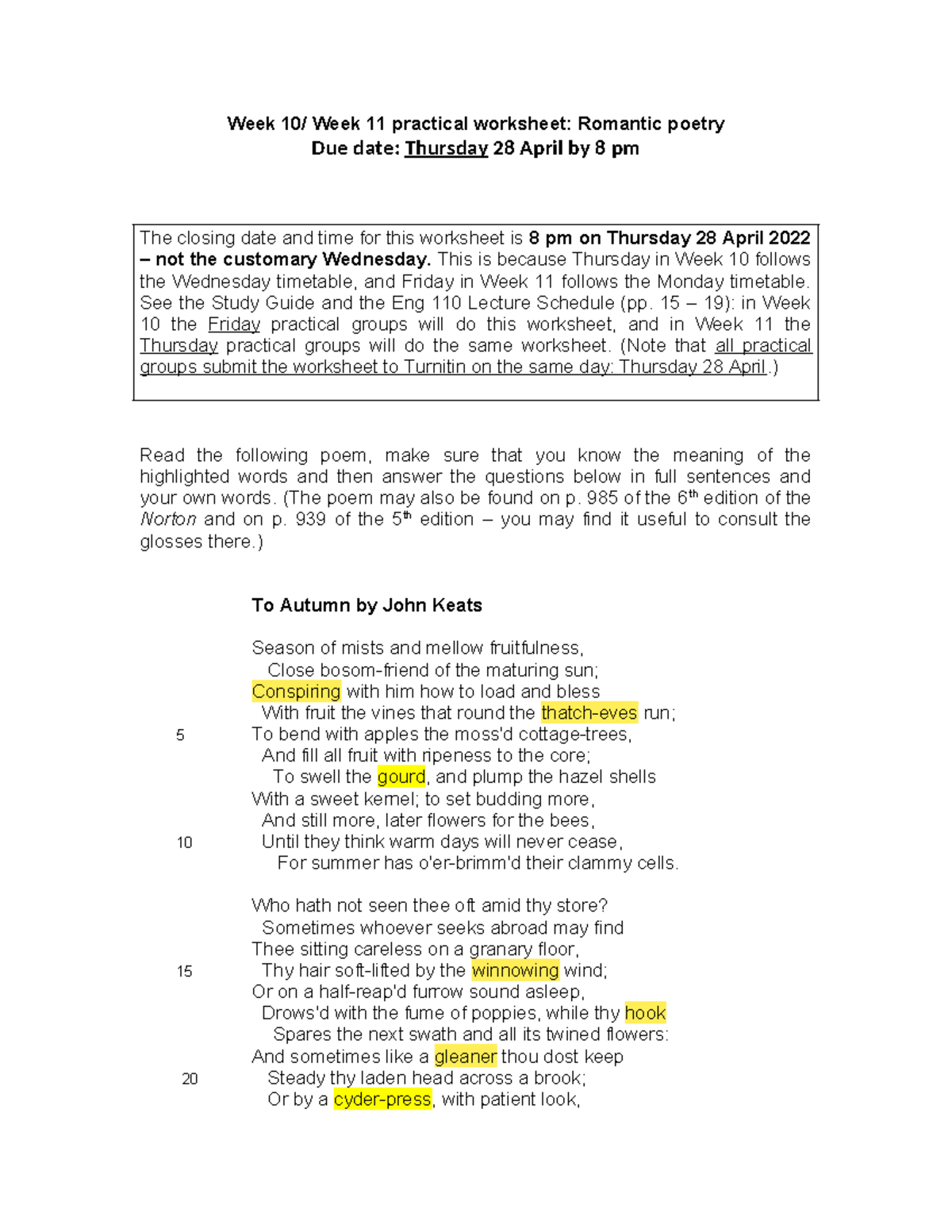 Week 10 and 11 prac on Romantic poetry - Week 10/ Week 11 practical ...
