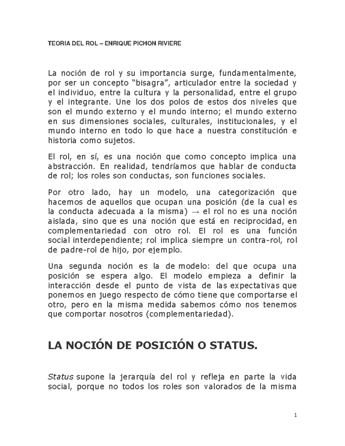 TEORIA DEL ROL - Pichon Riviere - TEORIA DEL ROL – ENRIQUE PICHON ...