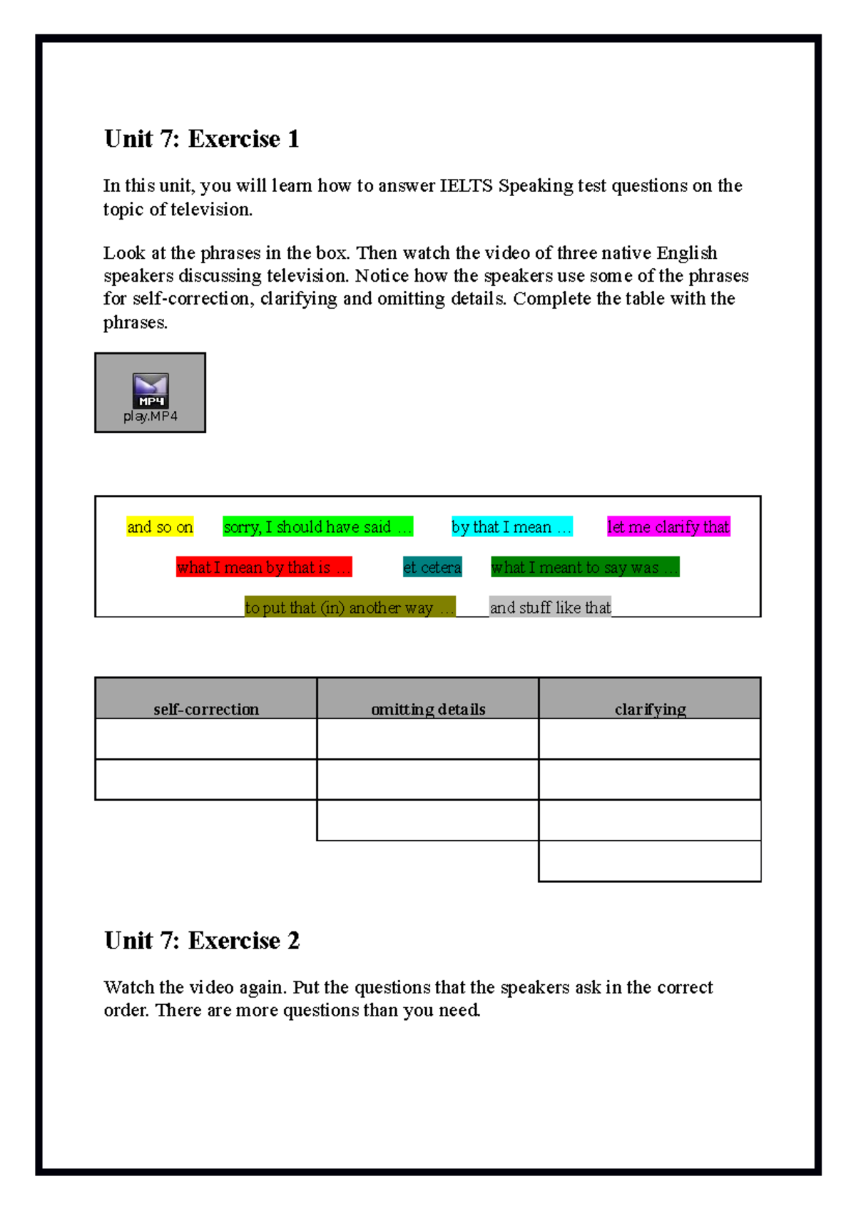 Unit 7 - Speaking - Unit 7 - Unit 7: Exercise 1 In this unit, you will learn how to answer IELTS ...