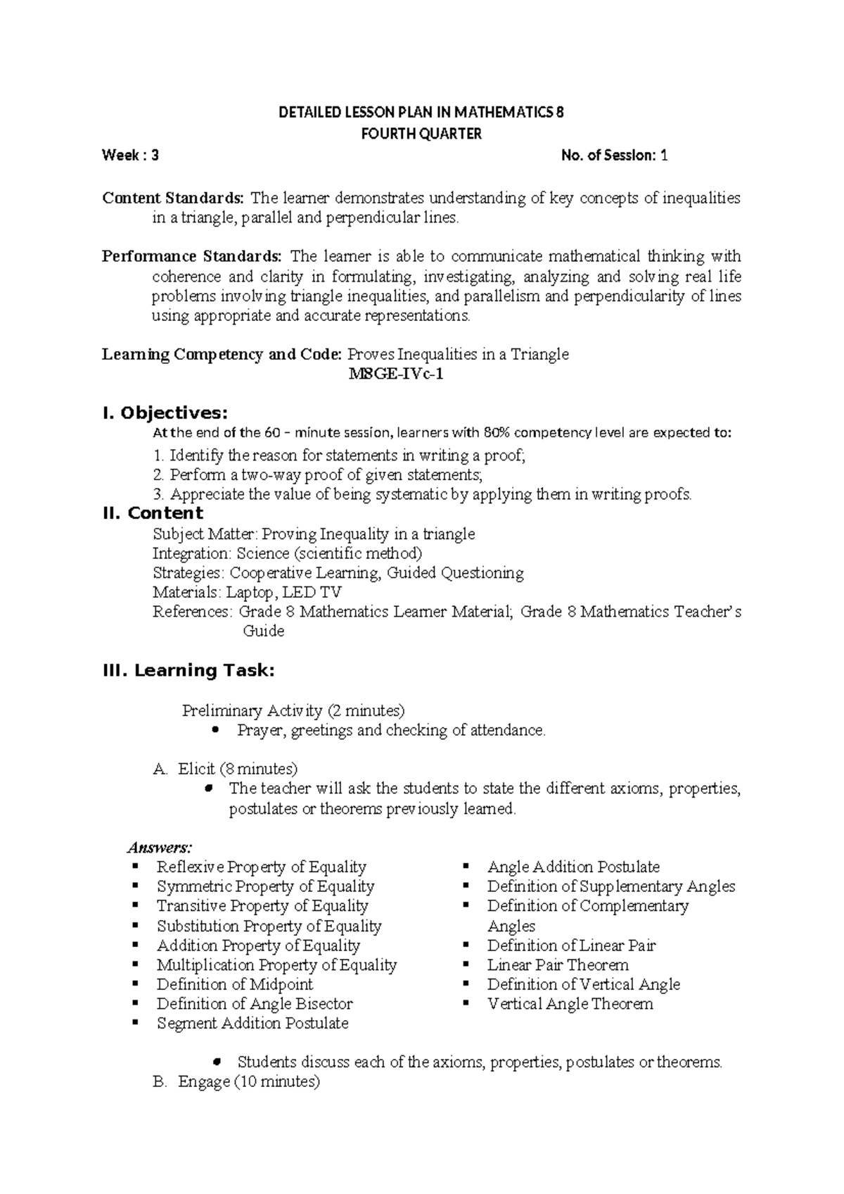 Week-3 - DETAILED LESSON PLAN IN MATHEMATICS 8 FOURTH QUARTER Week : 3 ...