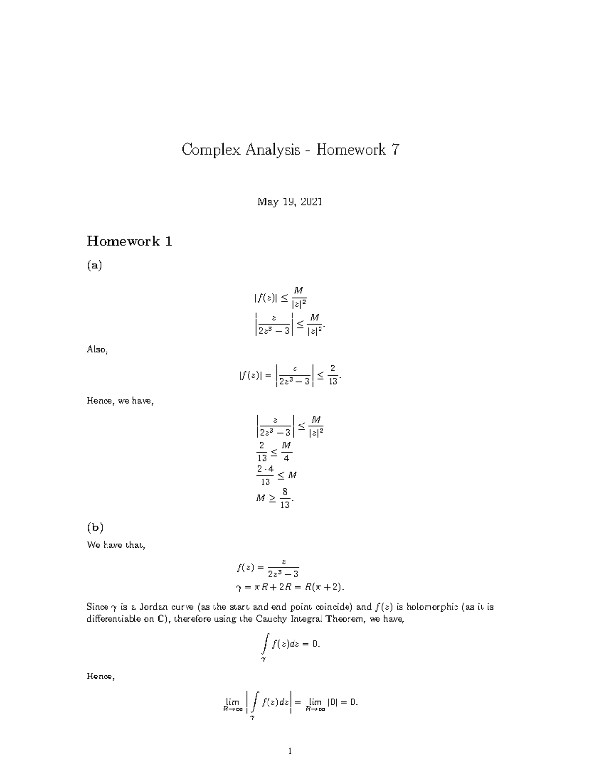 Homework Assignment 7 - Complex Analysis - Homework 7 May 19, 2021 ...