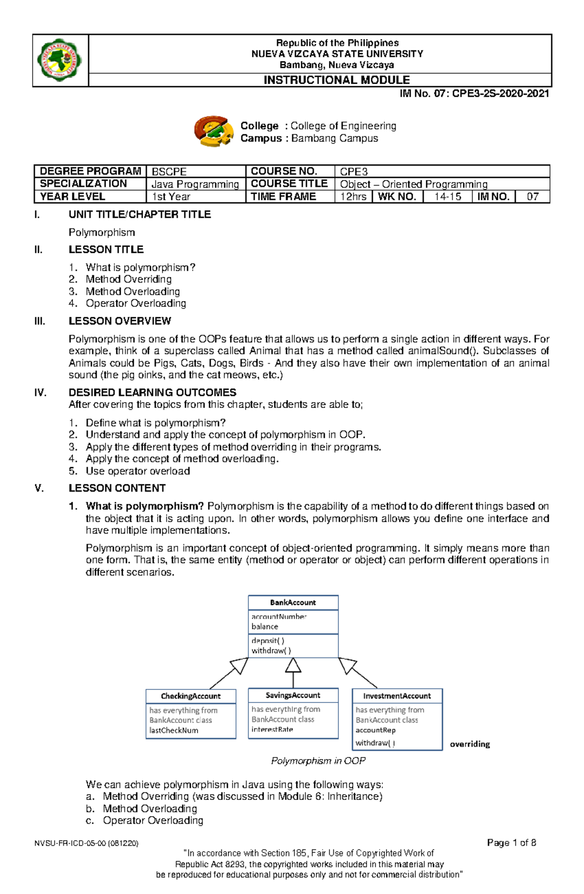 Module 07 Polymorphism - NUEVA VIZCAYA STATE UNIVERSITY Bambang, Nueva Vizcaya INSTRUCTIONAL ...