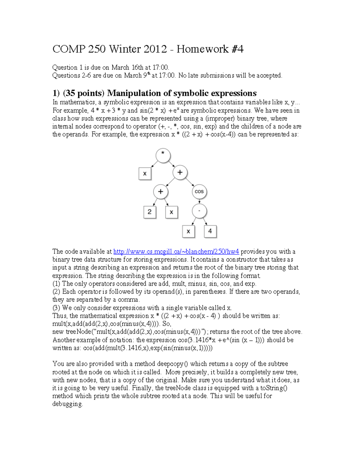 Homework 4 W2012 - Exam/Practice - COMP 250 Winter 2012 - Homework ...
