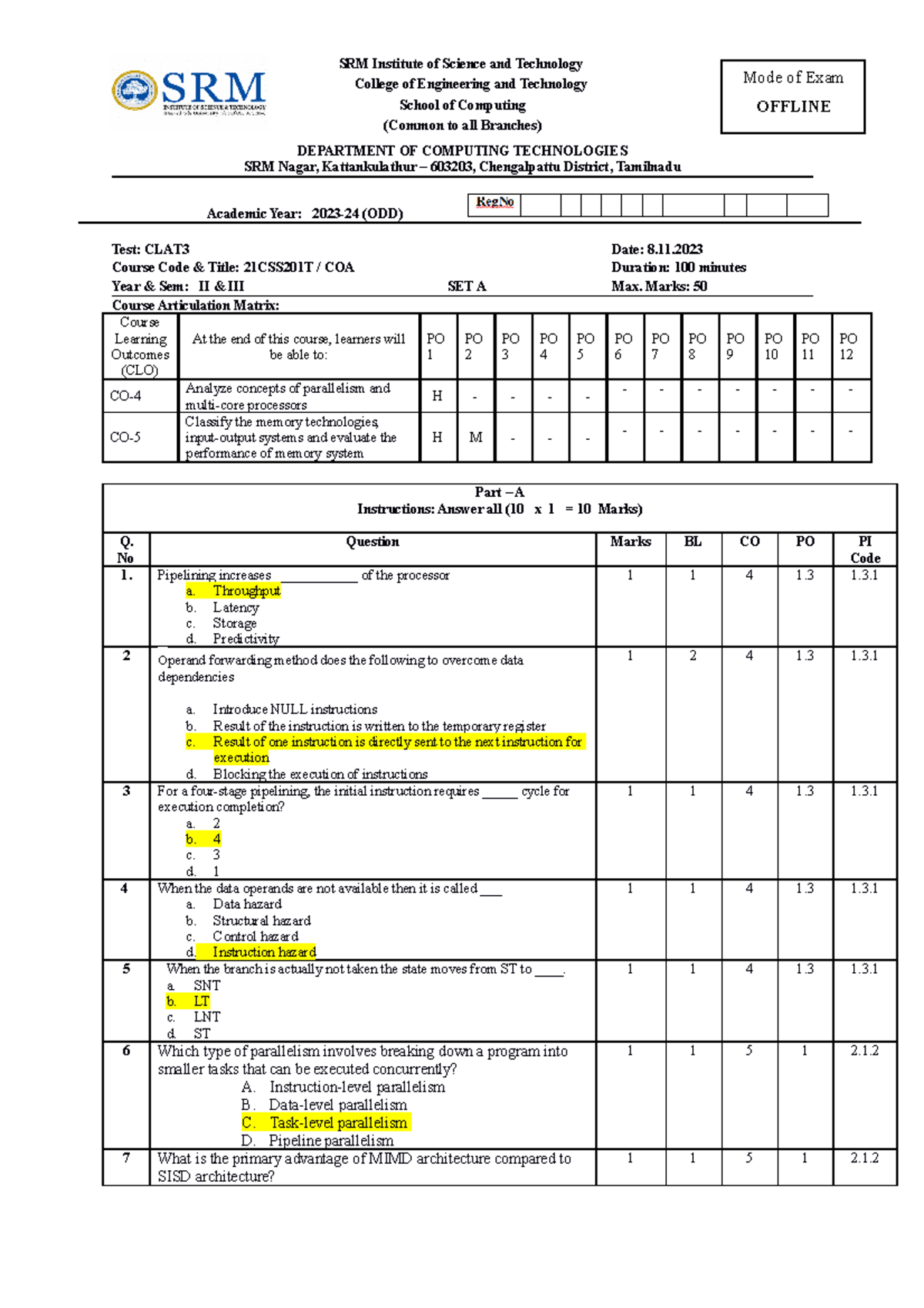 Clat3 Set A Answerkey Ct3 Answer Set Srm Institute Of Science And Technology College Of