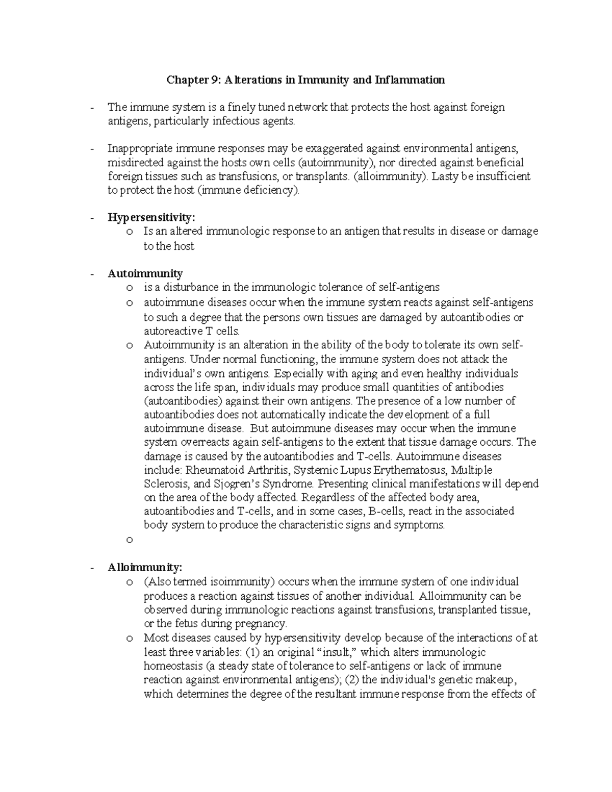 Class notes - Chapter 9: Alterations in Immunity and Inflammation - The ...
