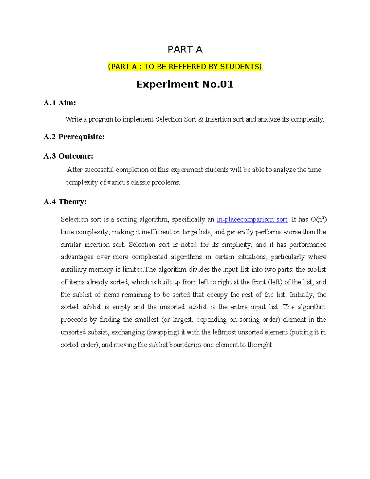 8461Lab Manual EXPT No. 1 AOA - Selection Sort - PART A (PART A : TO BE REFFERED BY STUDENTS ...