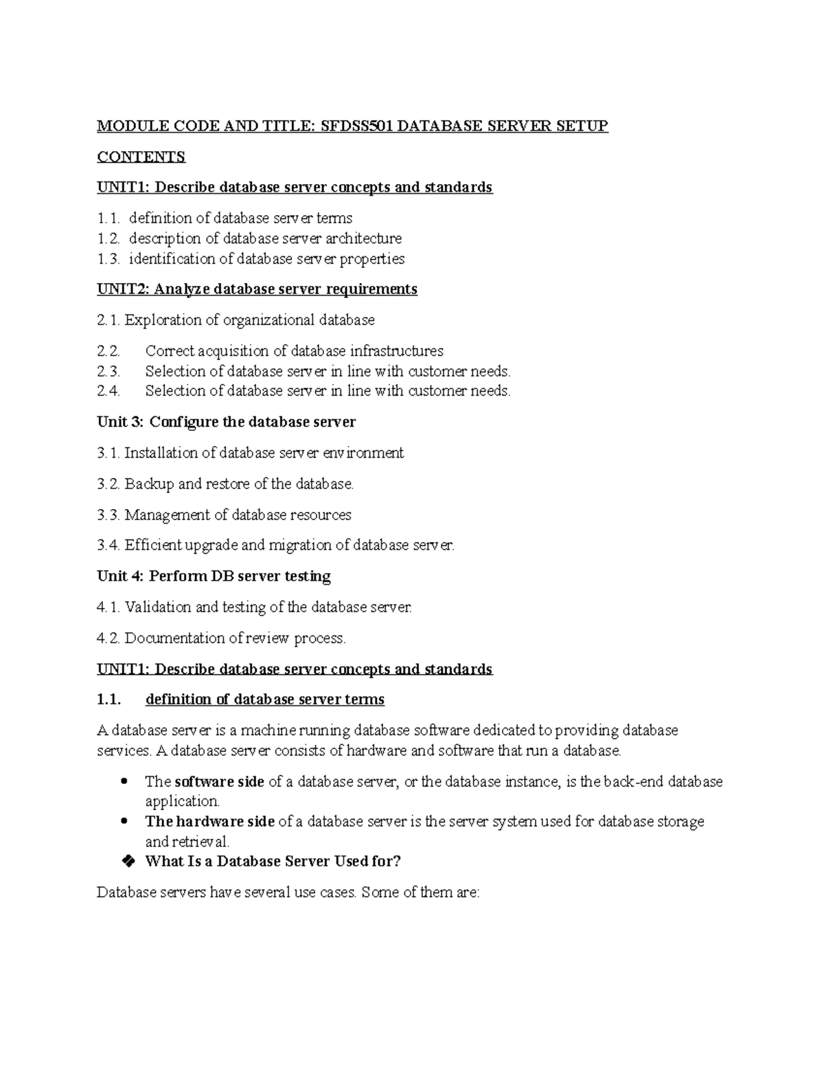 Serversetup - MODULE CODE AND TITLE: SFDSS501 DATABASE SERVER SETUP ...