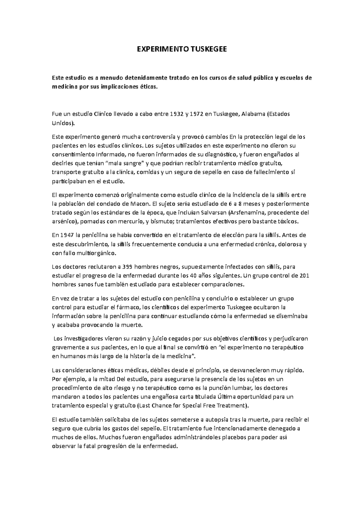 Experimento tuskegee - EXPERIMENTO TUSKEGEE Este estudio es a menudo ...
