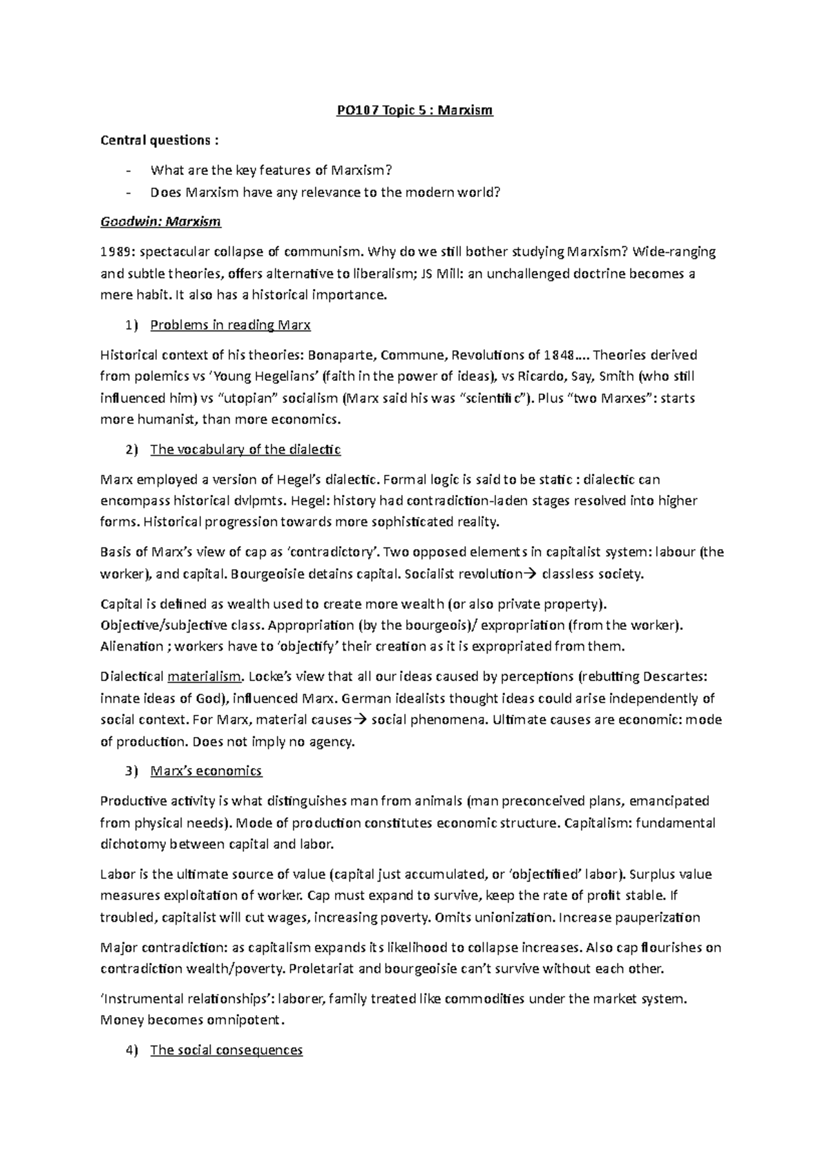 Marxism - Extensive summary - PO107 Topic 5 : Marxism Central questions ...