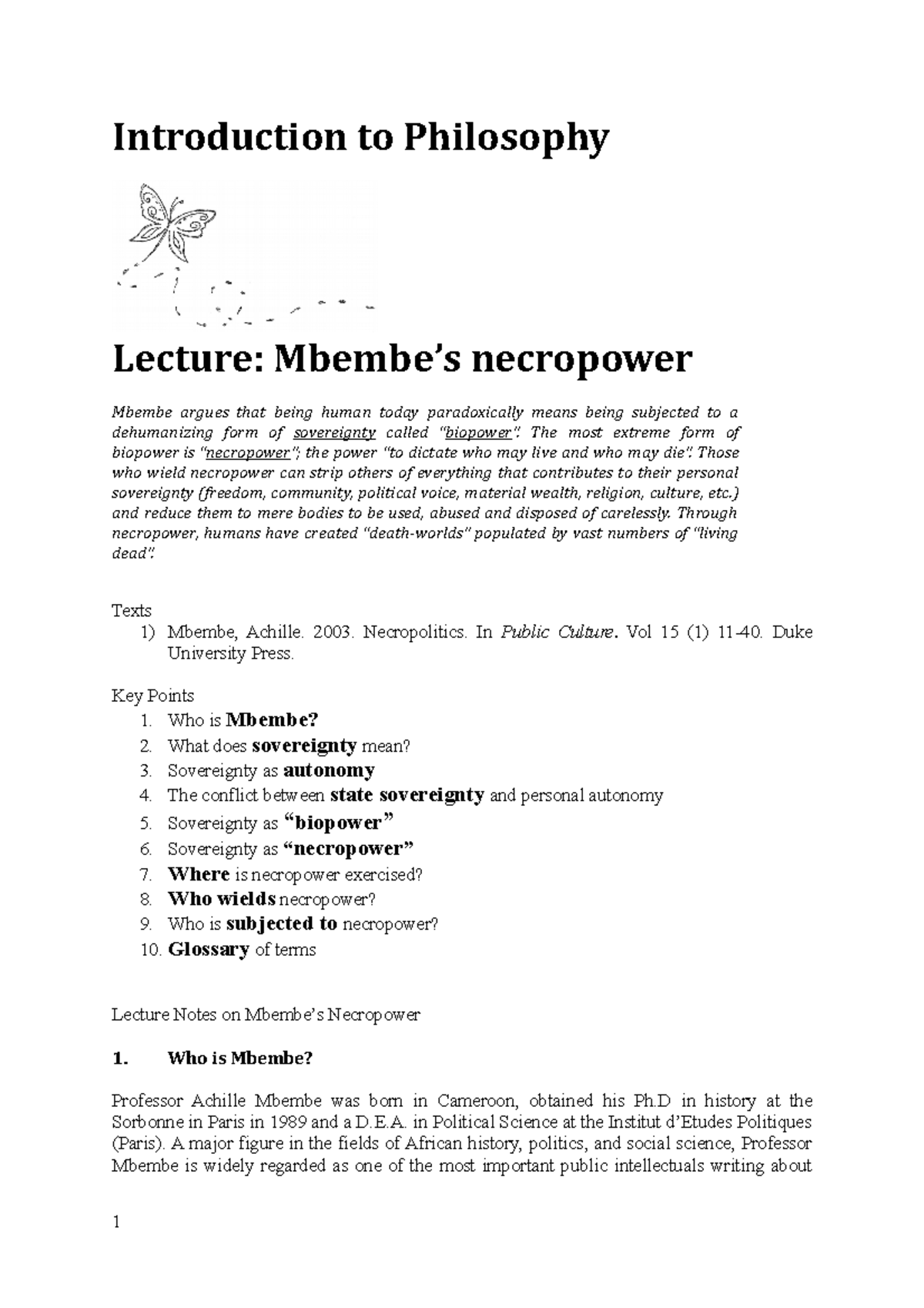 SFV102 Notes Mbembe - Introduction to Philosophy Lecture: Mbembe’s ...