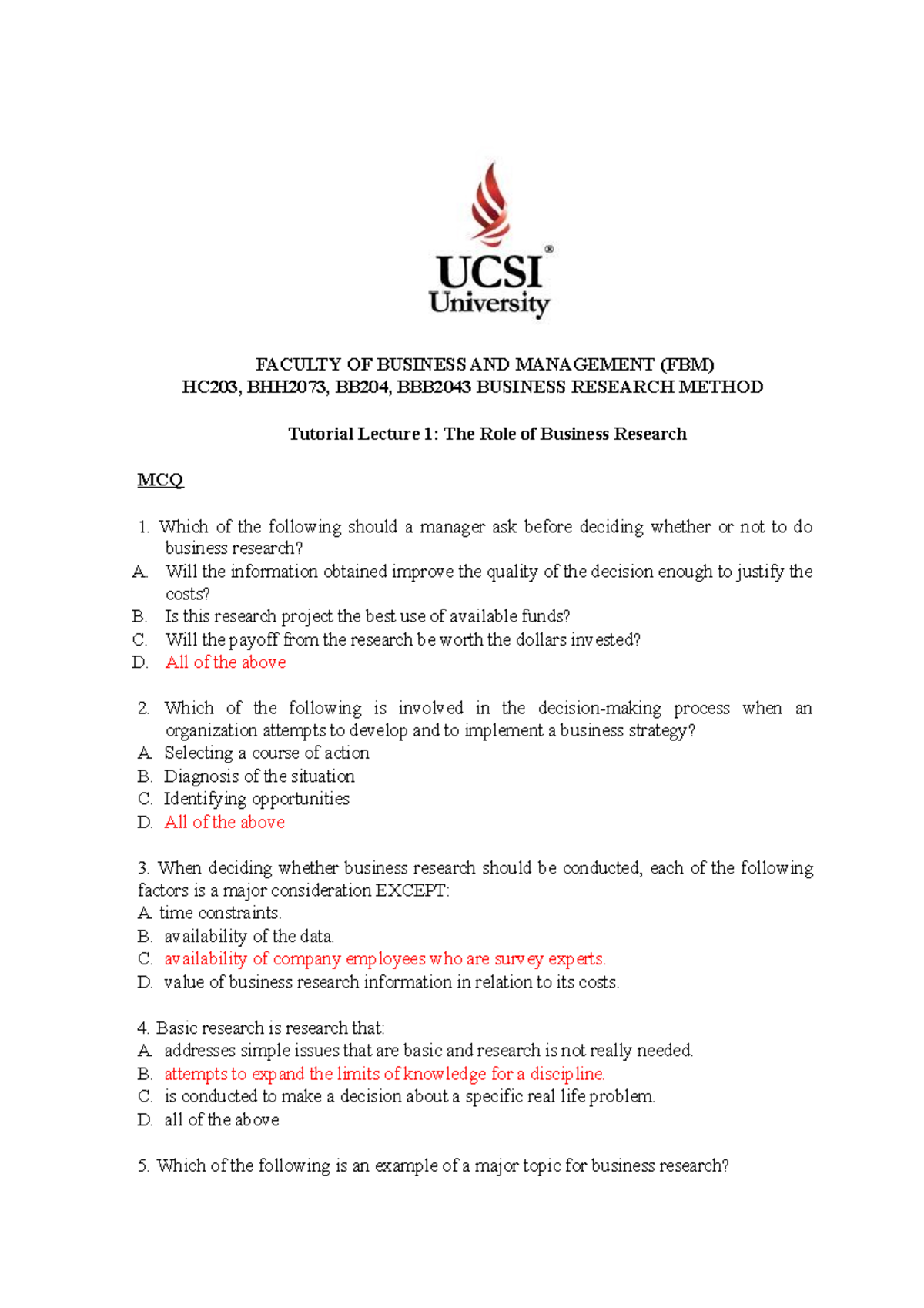 Q BRM Chapter 1 - FACULTY OF BUSINESS AND MANAGEMENT (FBM) HC203 ...