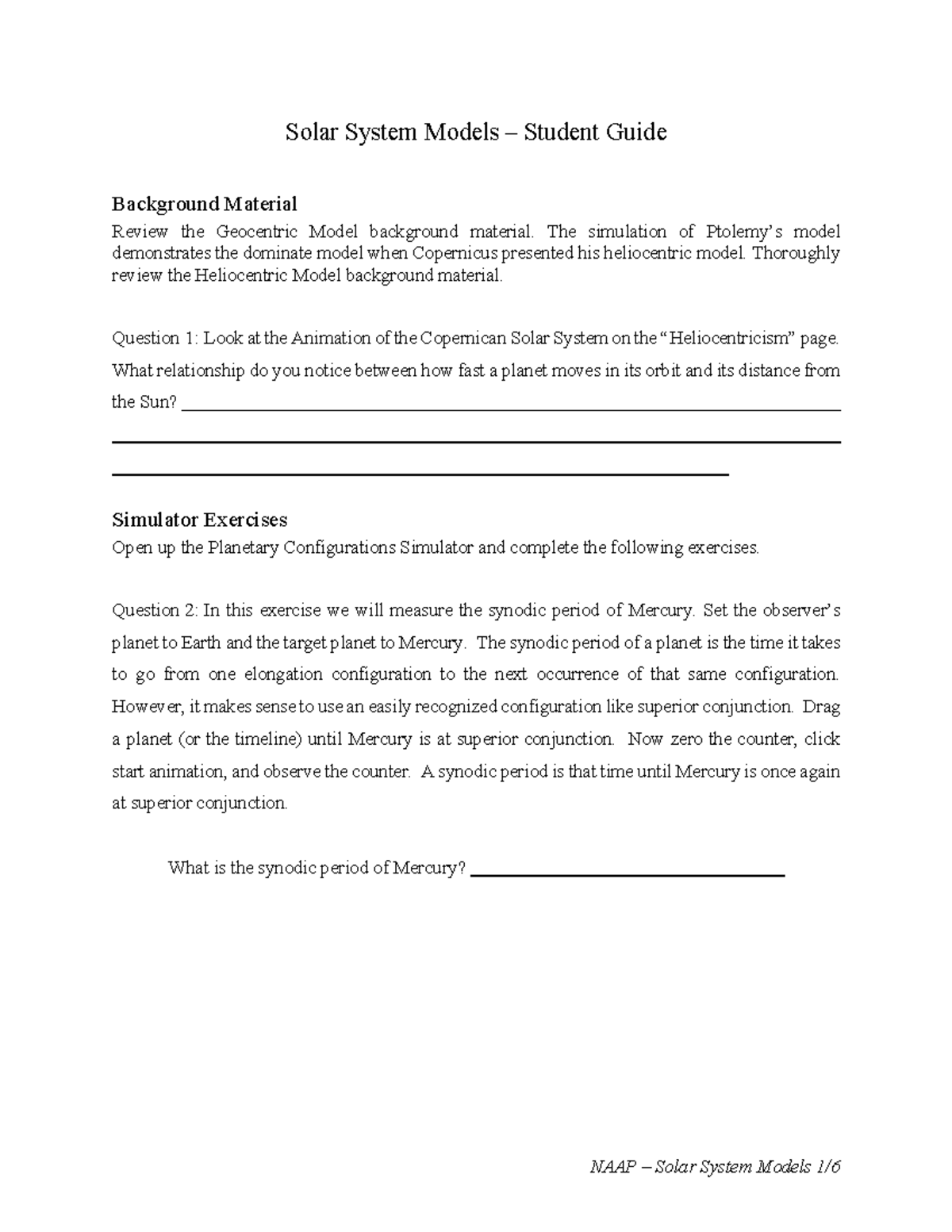 Naap solar system models sg 2024 - Solar System Models – Student Guide ...