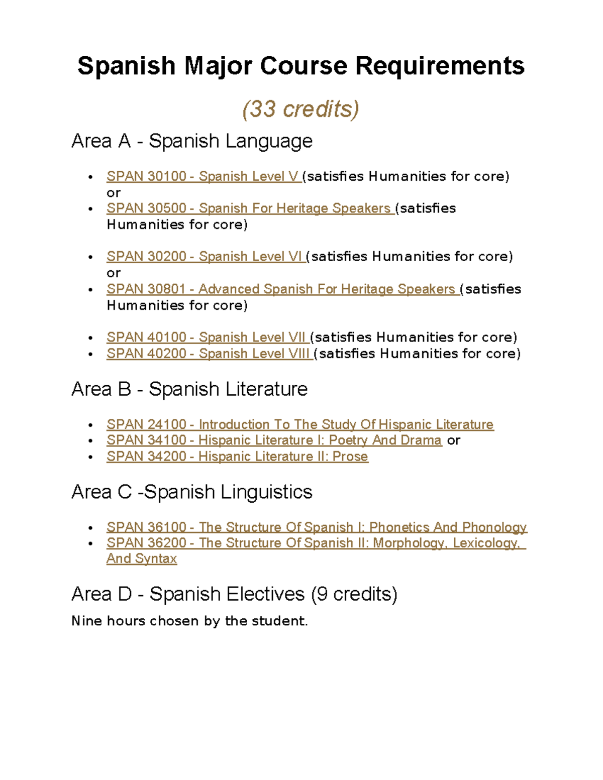 Spanish Major Course Requirements - (33 credits) Area A - Spanish ...