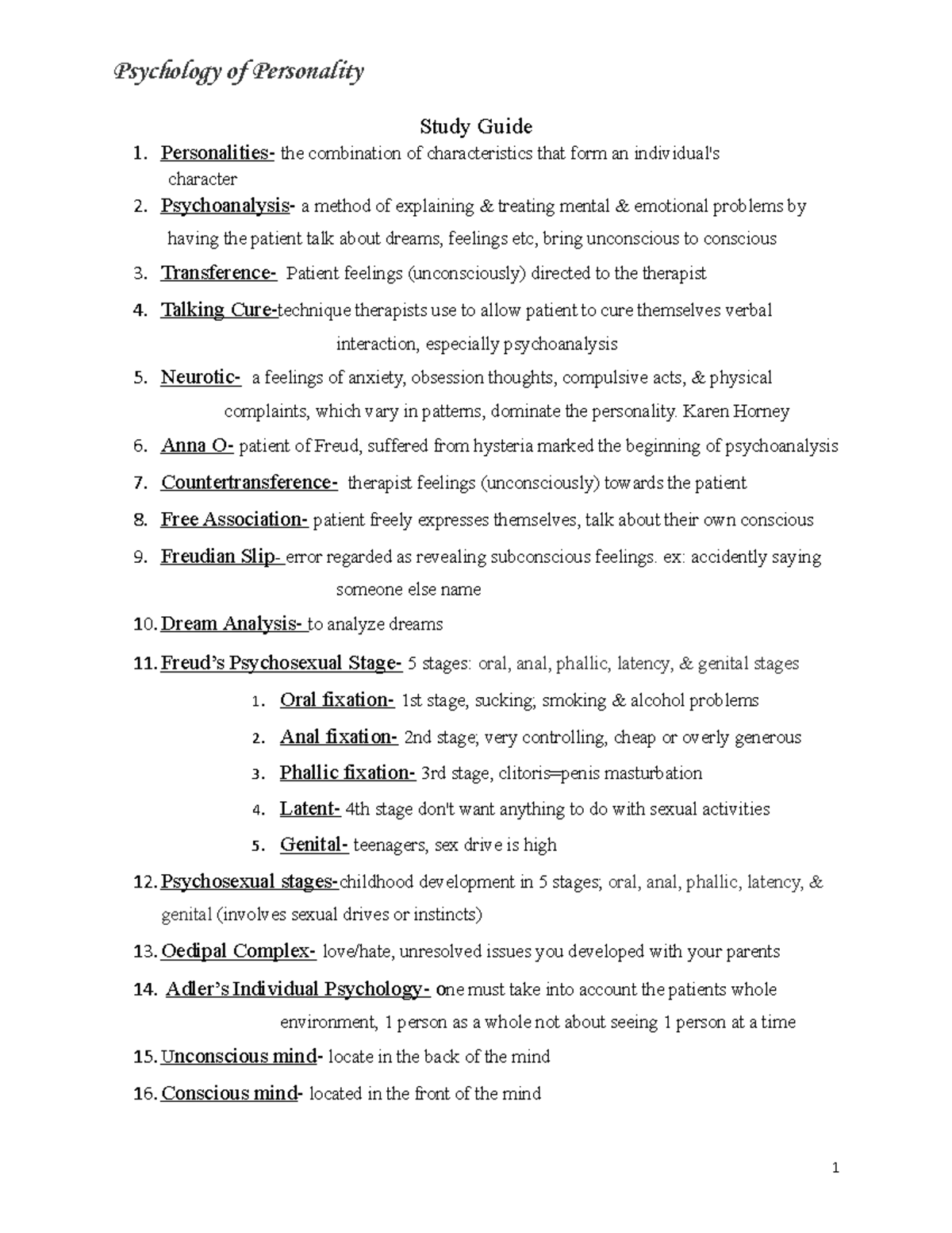 Study Guide- Psy. of Personality - Psychology of Personality Study ...