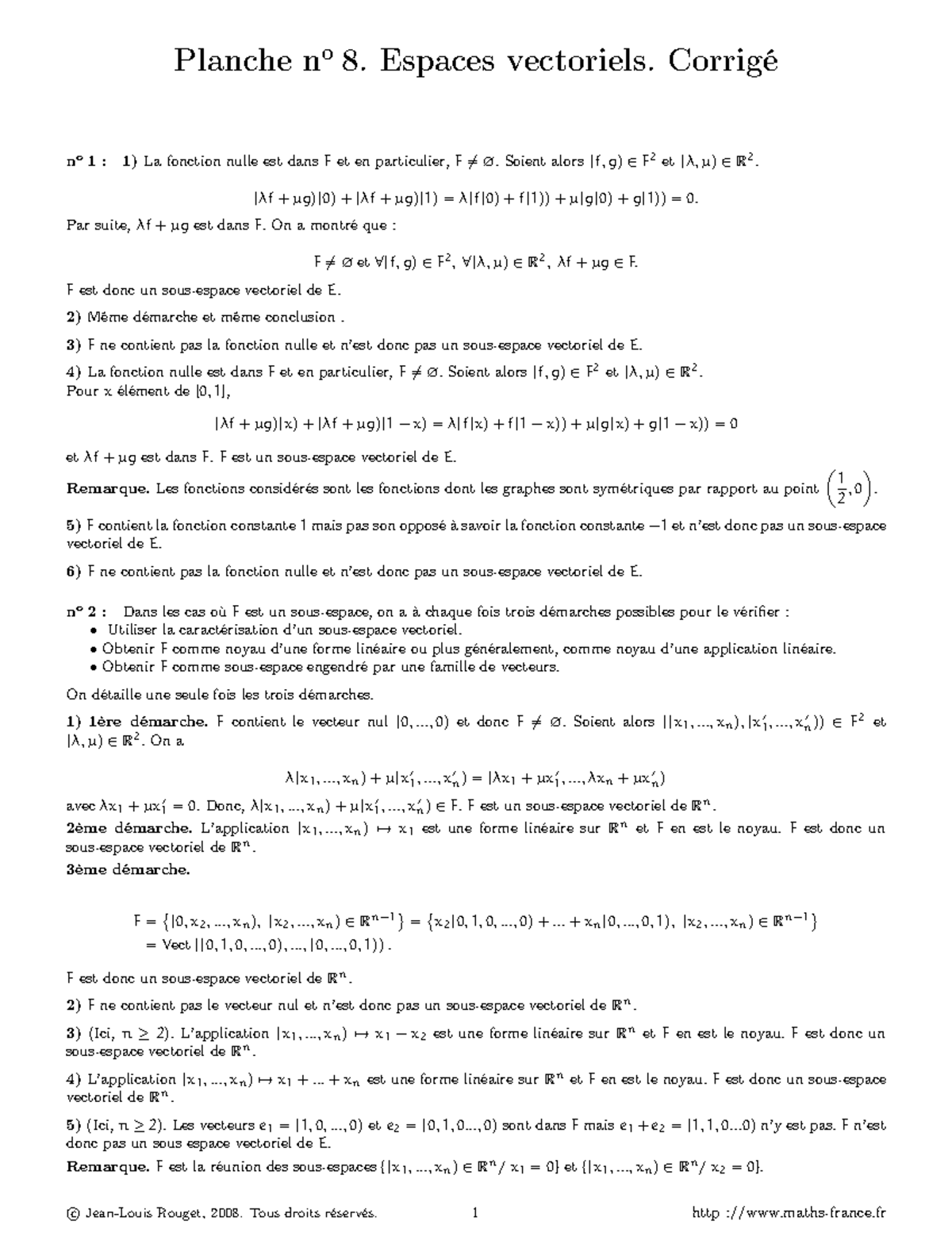 08 Espaces Vectoriels Corrige - Planche n o 8. Espaces vectoriels ...