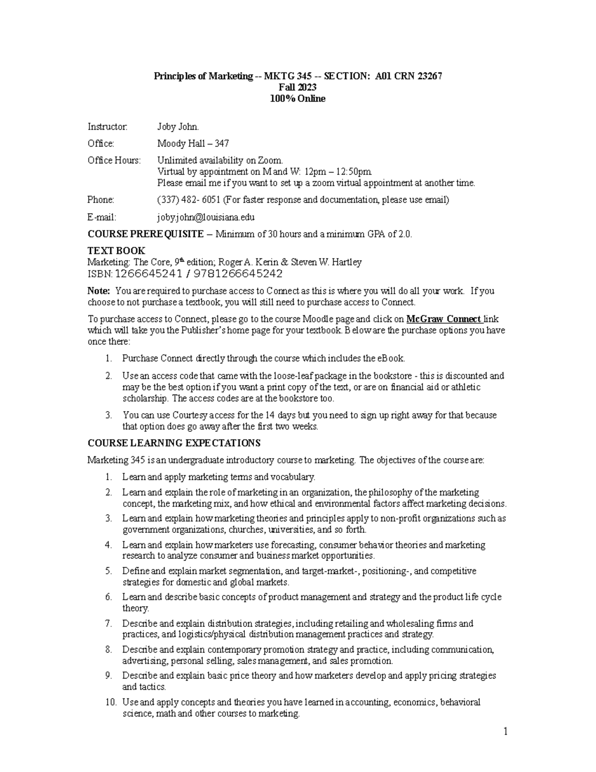 Syllabus MKTG345 Sec A01 Fall 2023 - Principles of Marketing - MKTG 345 ...