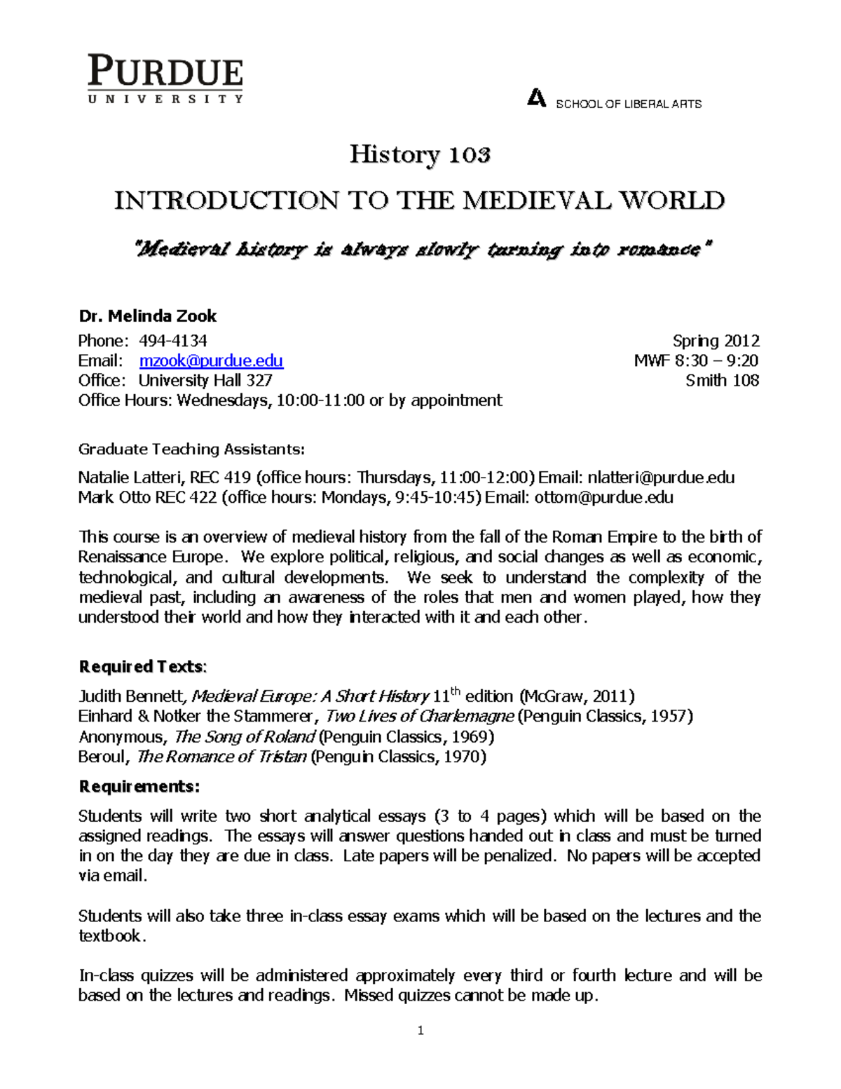 Syllabus history - for intro to medieval world - SCHOOL OF LIBERAL ARTS H H i i s s t t o o r r ...