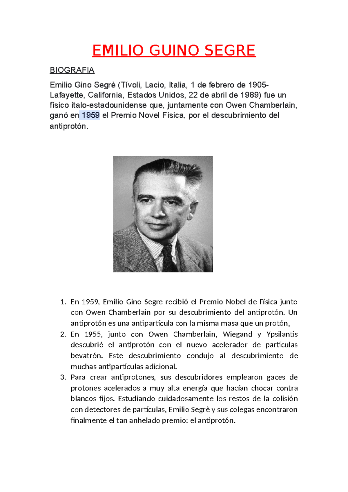 Segre Emilio 16 - EMILIO GUINO SEGRE BIOGRAFIA Emilio Gino Segrè ...