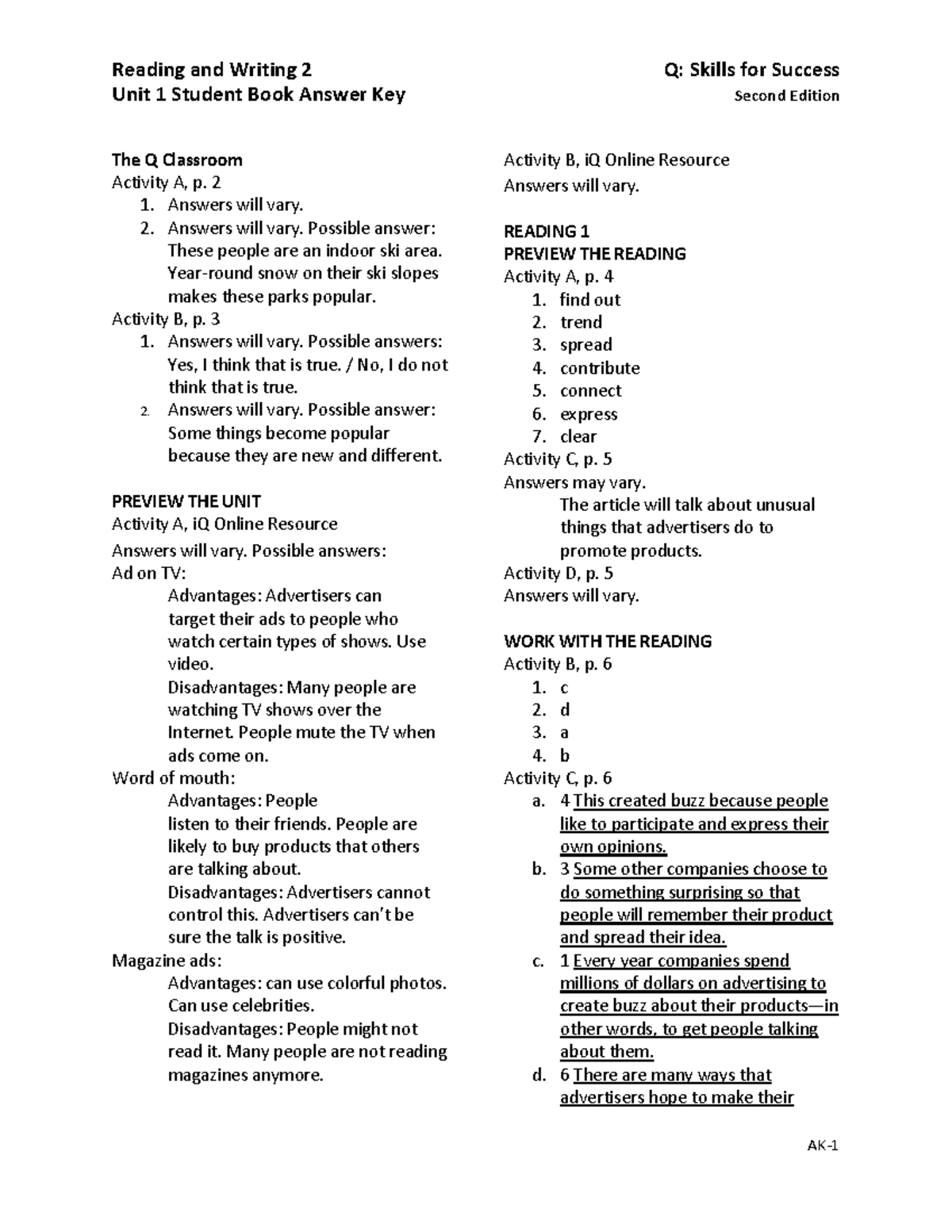 Reading and writing 2 answer key - Unit 1 Student Book Answer Key ...