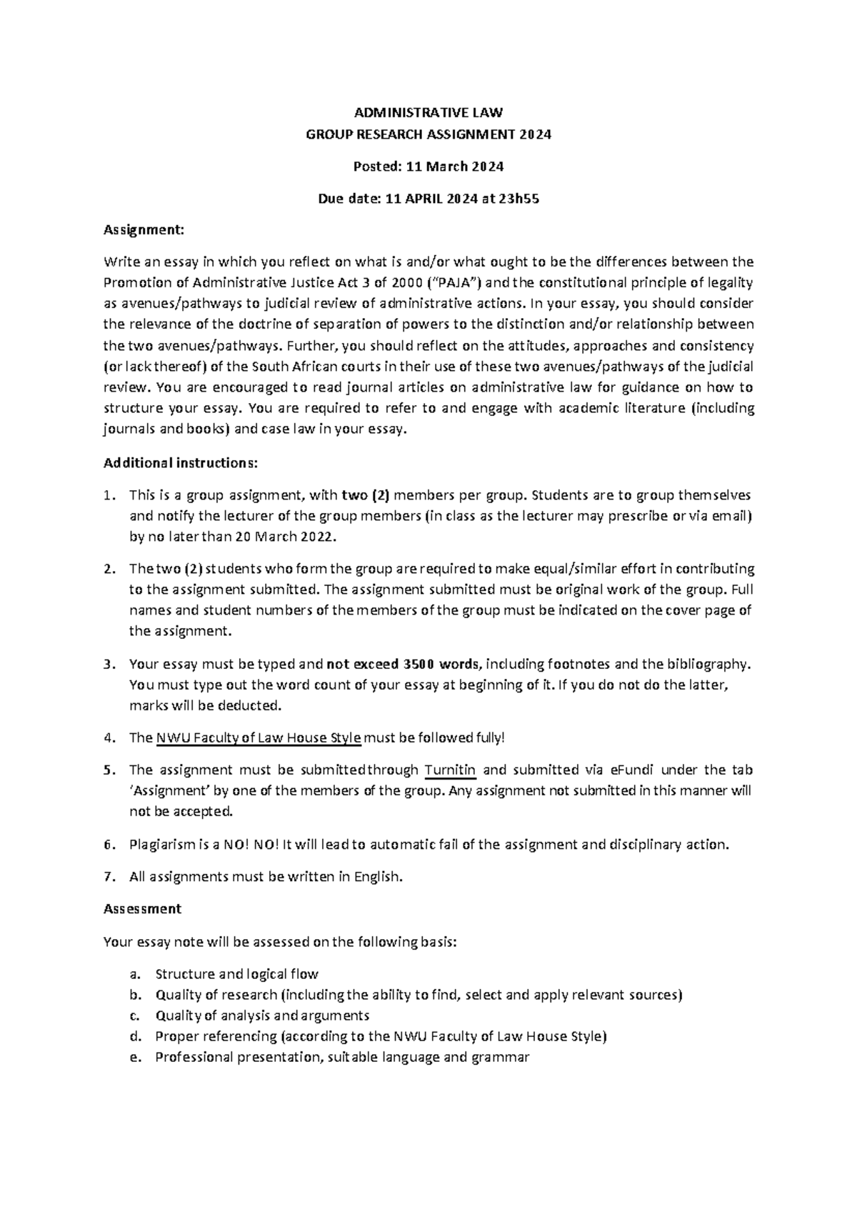 IURI 415 Research Assignment - 2024 corrected - ADMINISTRATIVE LAW ...