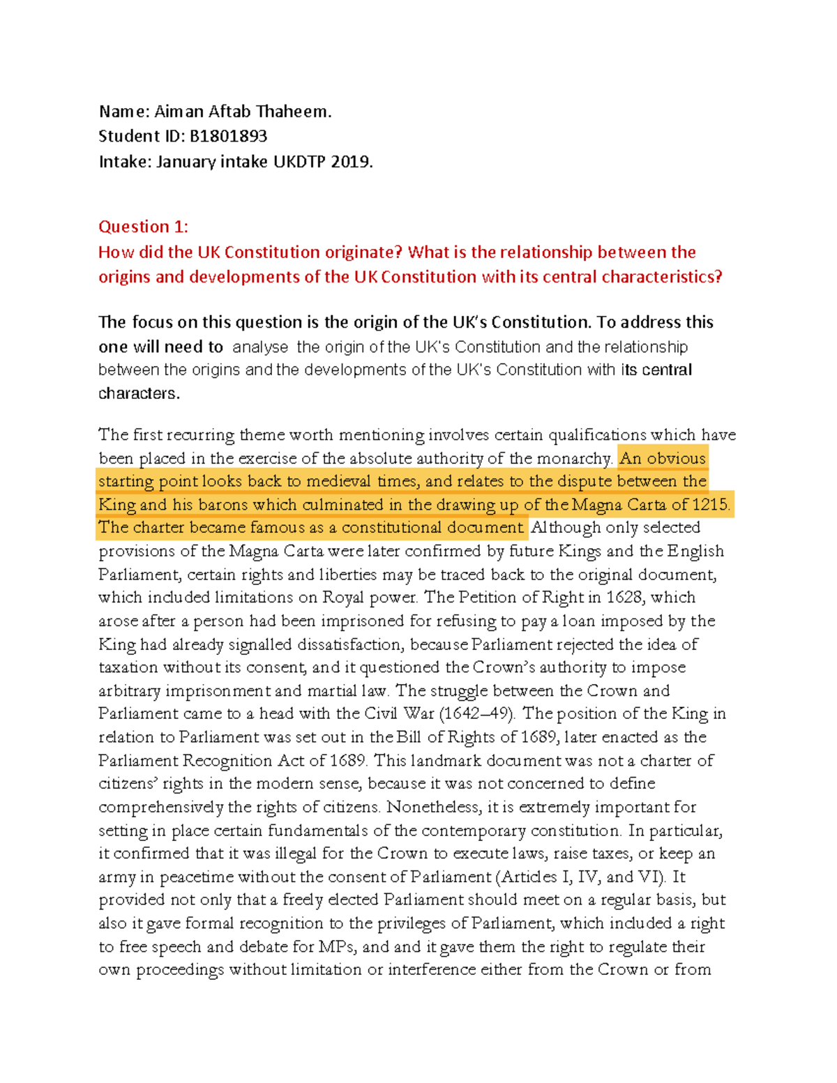 Consti homework copy - tutorial sgs - Name: Aiman Aftab Thaheem. Student ID: B Intake: January ...