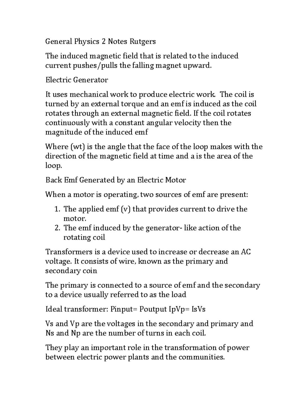 Electric Generator - Lecture notes 8 - General Physics 2 Notes Rutgers ...