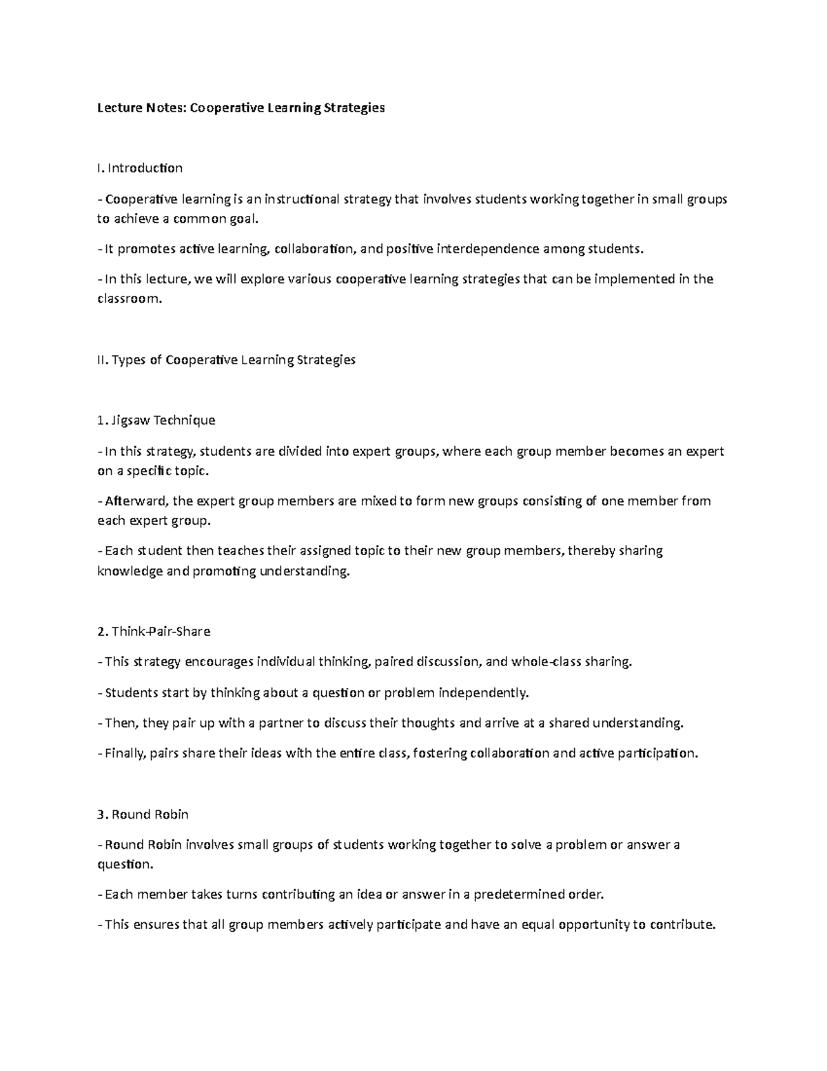 Lecture Notes: Cooperative Learning Strategies - Introduction ...