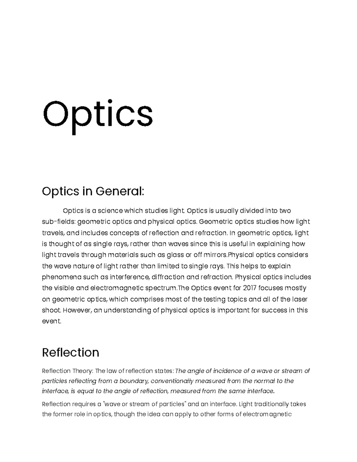 Optics Research Binder - Optics Optics in General: Optics is a science ...