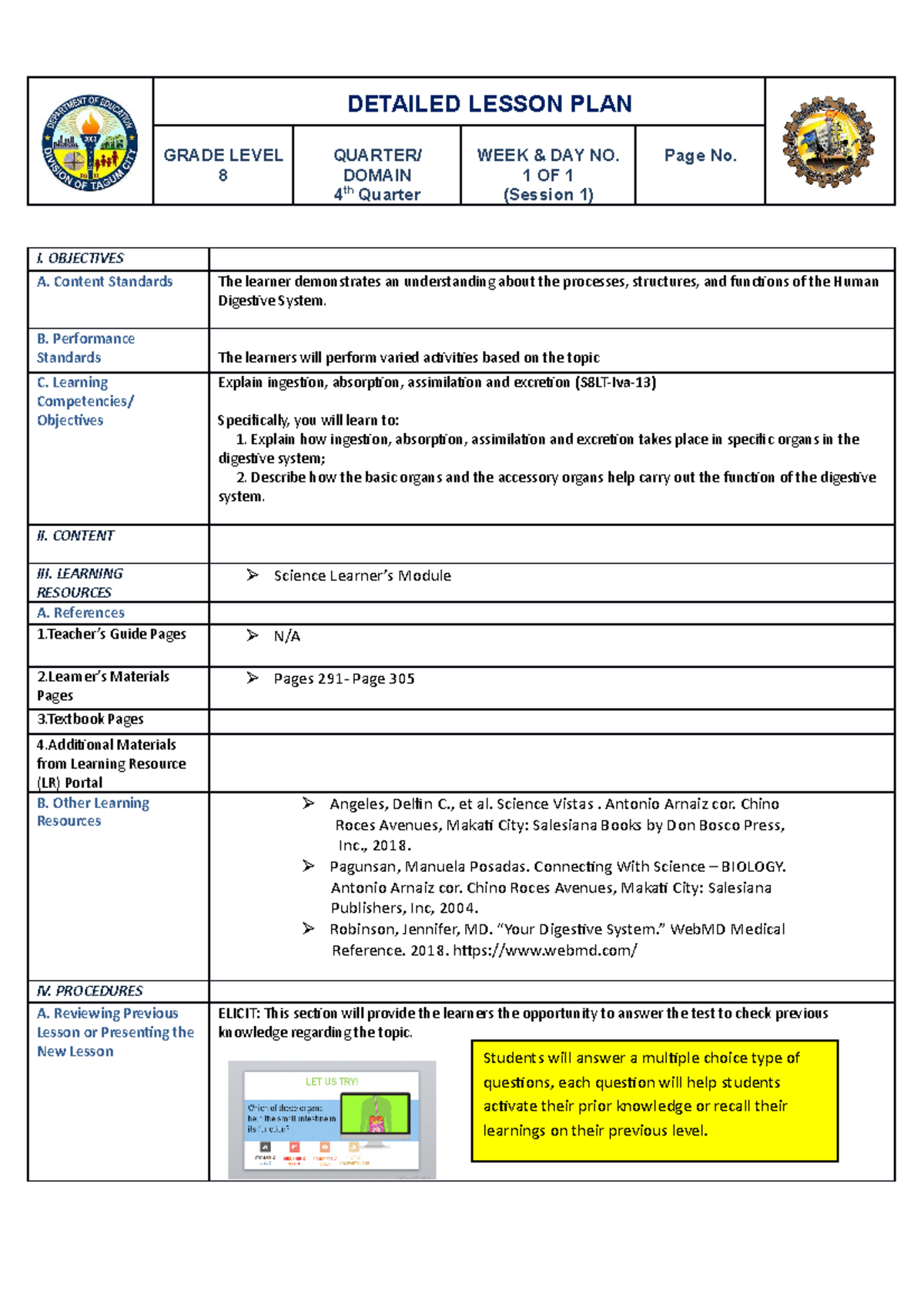 DLP -COT 2 - HELPFUL - GRADE LEVEL 8 QUARTER/ DOMAIN 4 th Quarter WEEK & DAY NO. 1 OF 1 (Session ...