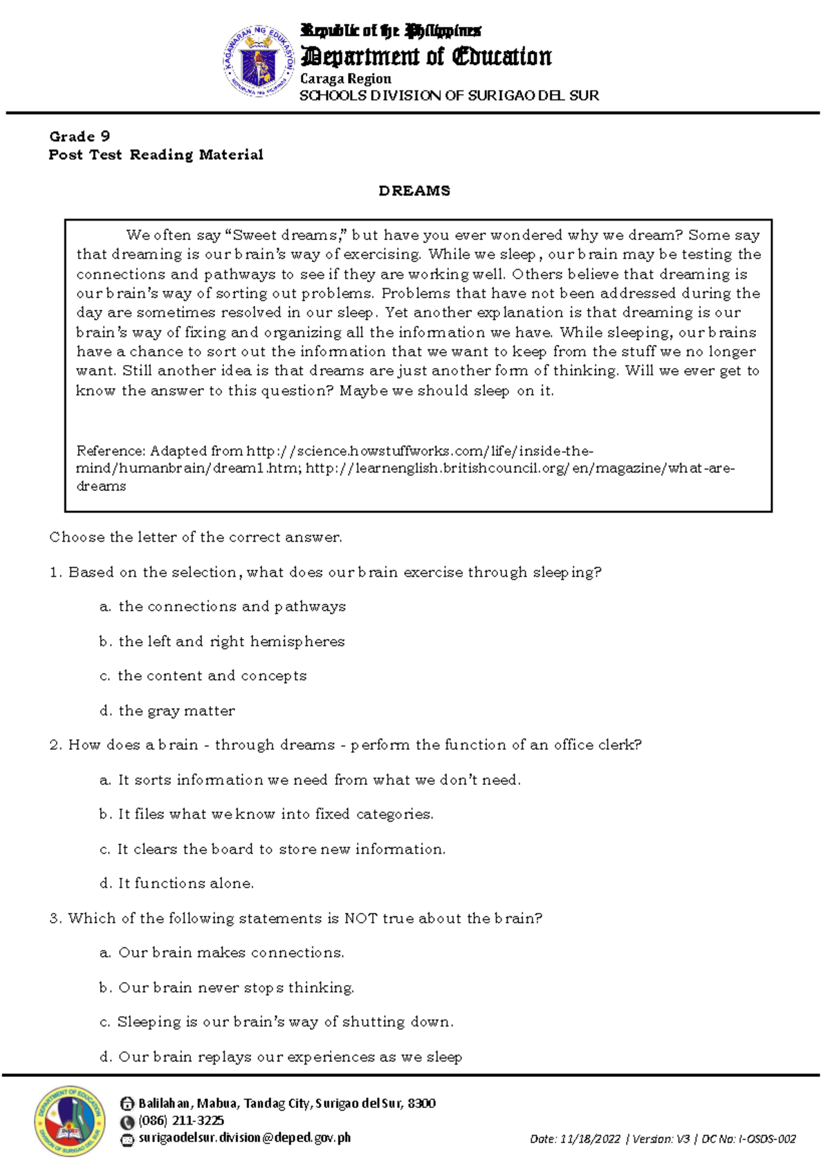 Grade 9 POST TEST Reading Material - Republic of the Philippines ...