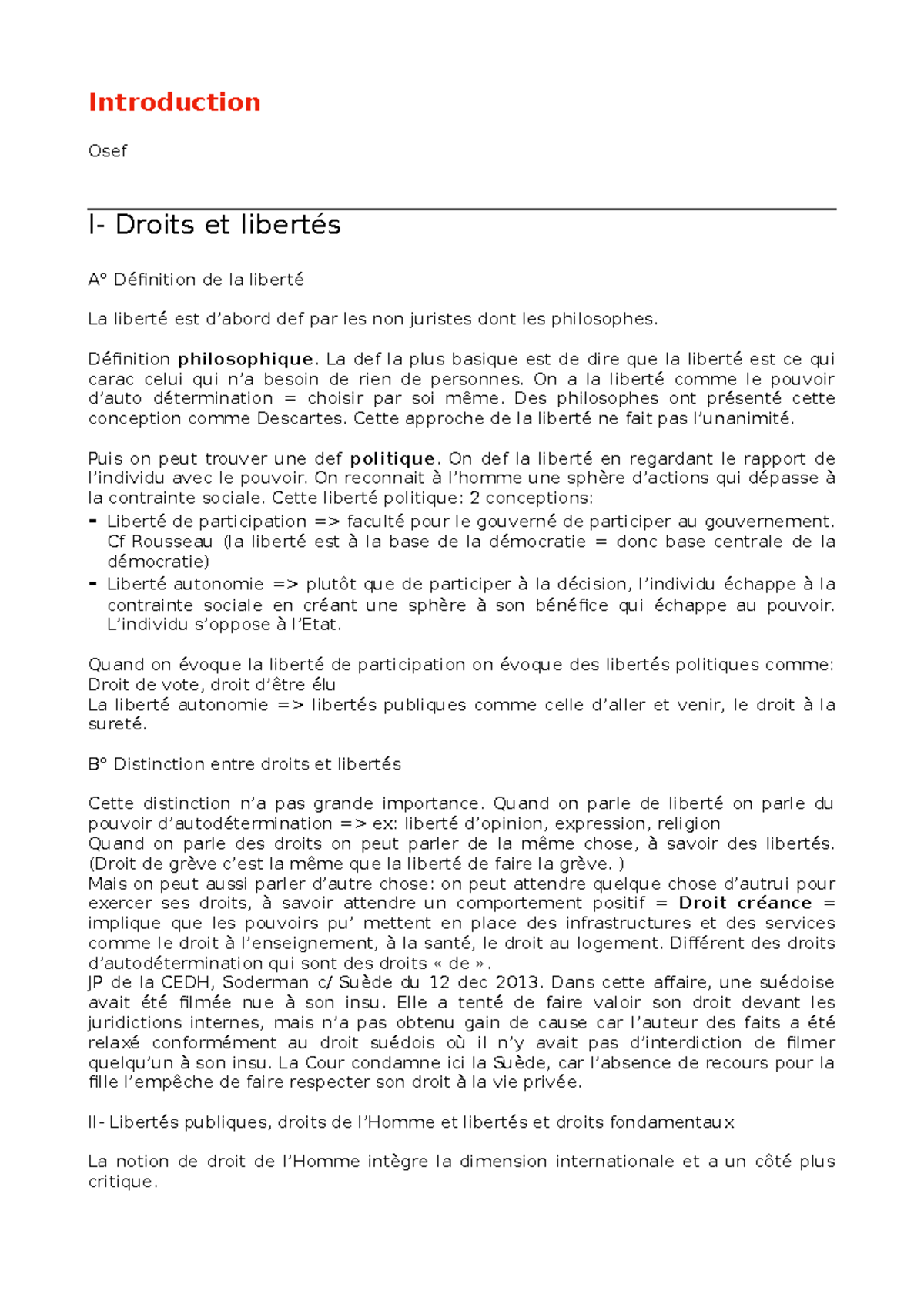 Libertés publiques - Introduction Osef I- Droits et libertés A ...