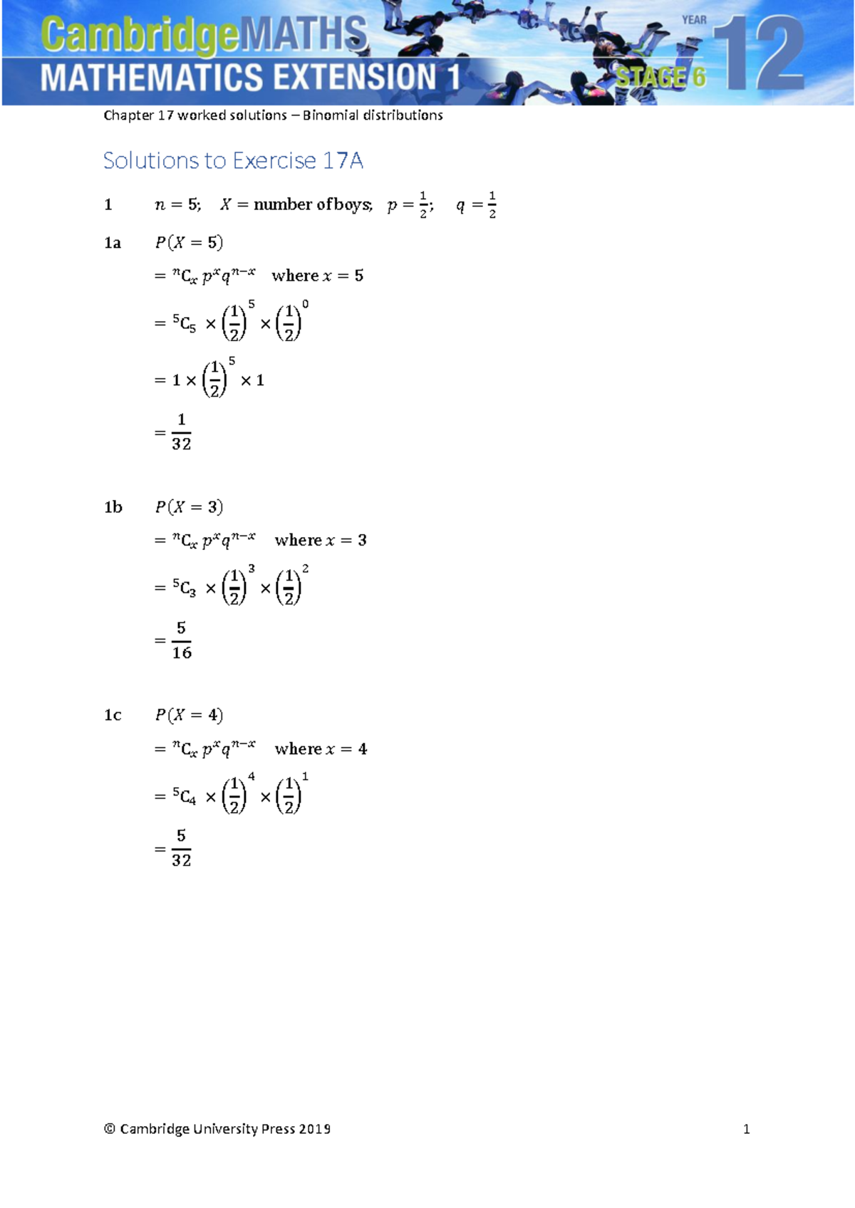 Chapter-17-worked-solutions - Solutions to Exercise 17A 1 𝑛 = 5; 𝑋 ...