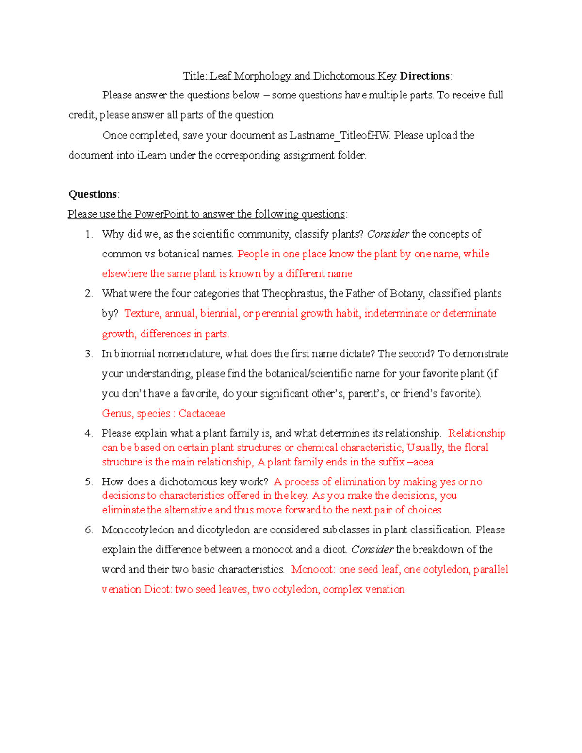Leaf Morp and Dich Key HW - Title: Leaf Morphology and Dichotomous Key Directions: Please answer ...