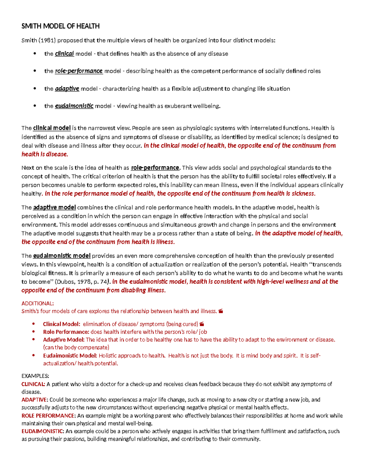 Smith Model OF Health - for academic purposes - SMITH MODEL OF HEALTH ...