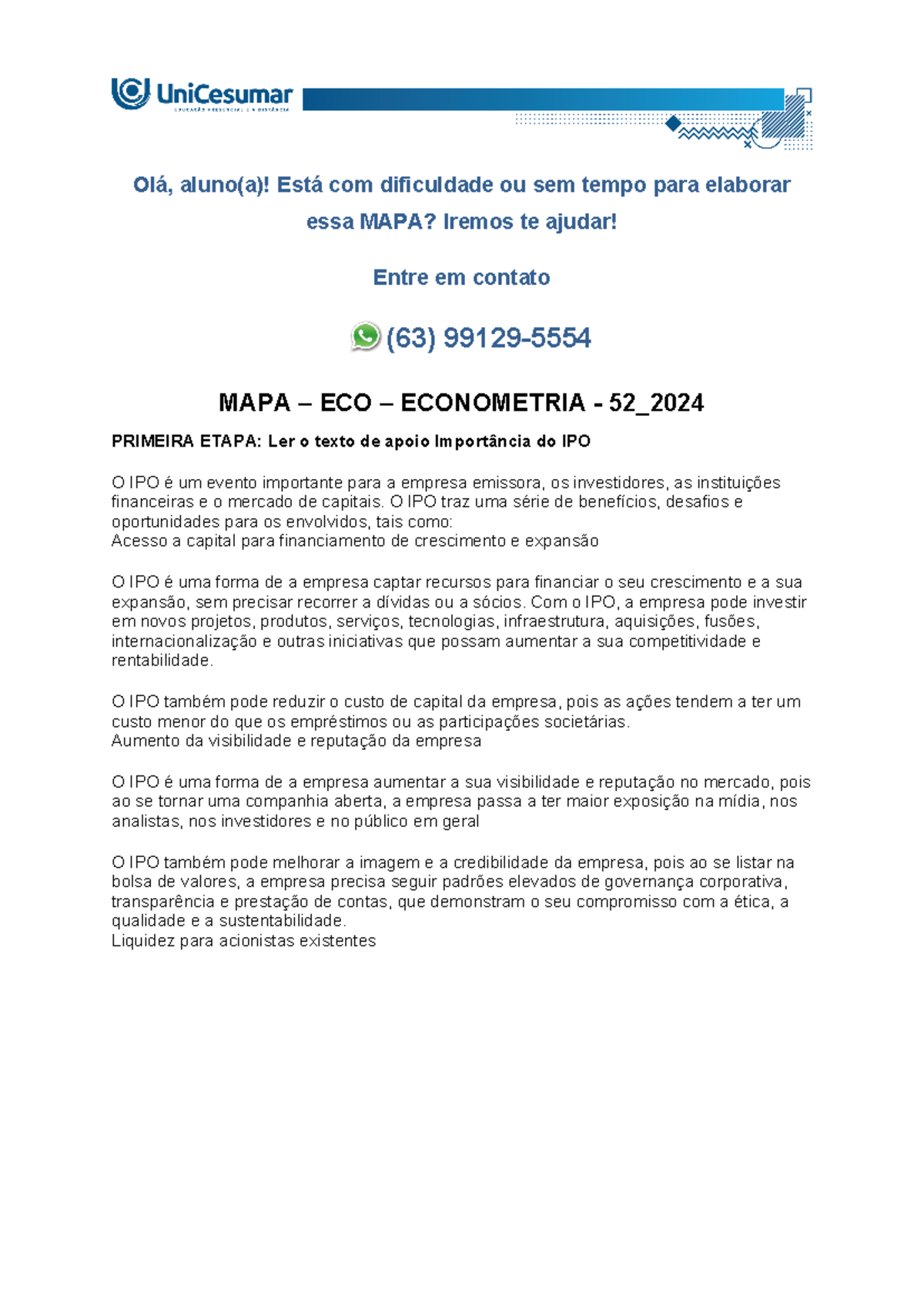 MAPA – ECO – ECONOMETRIA – 52_2024 - Olá, aluno(a)! Está com dificuldade ou sem tempo para ...
