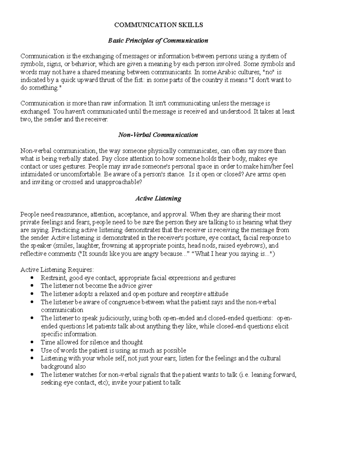 Communication handout - COMMUNICATION SKILLS Basic Principles of ...