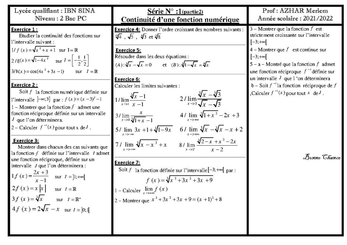 Série math - exercice en mathématiques - Lycée qualifiant : IBN SINA ...