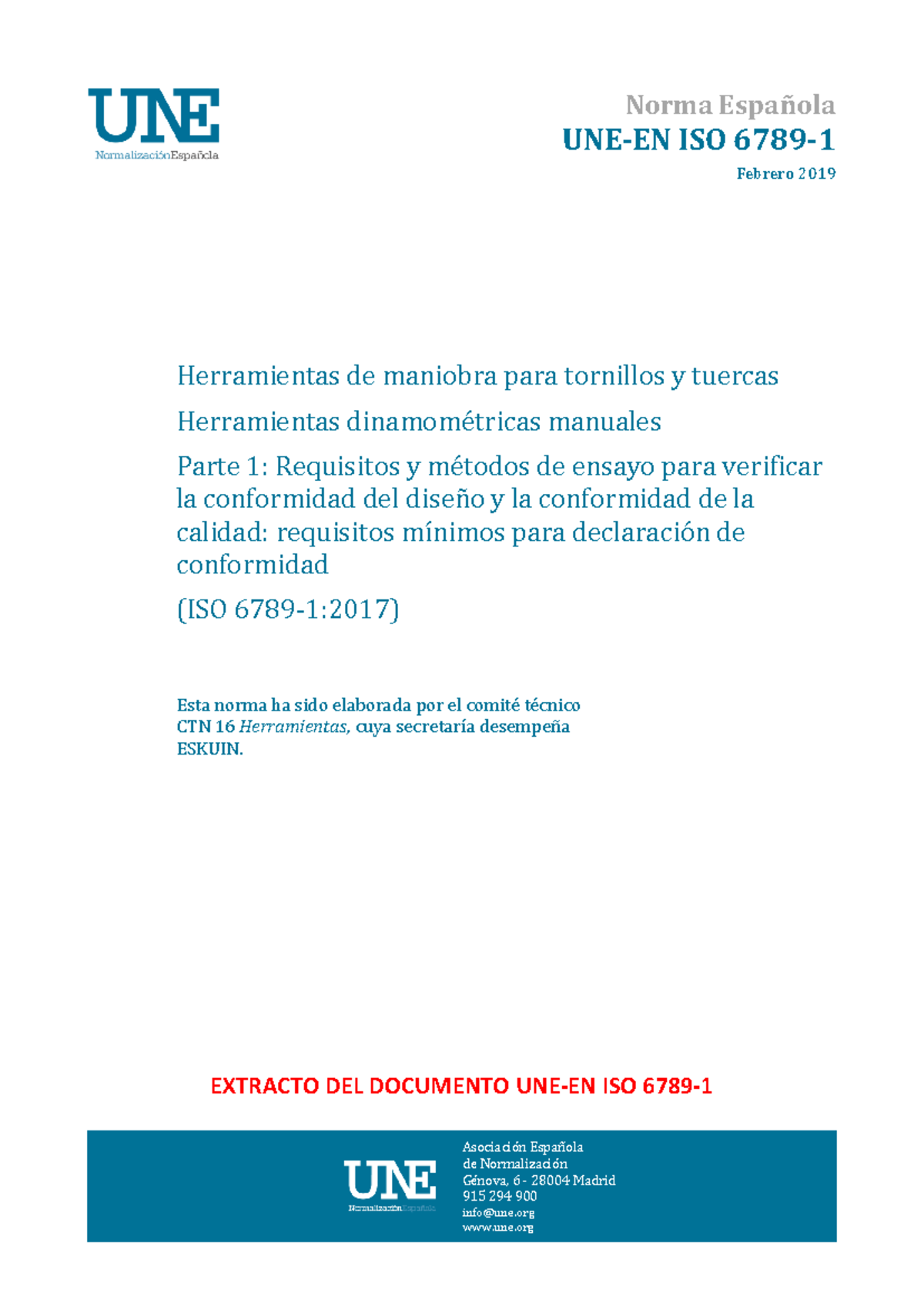 (EX)UNE-EN ISO 6789-1=2019 - Norma Española UNE-EN ISO 6789- Febrero 2019 Herramientas de ...