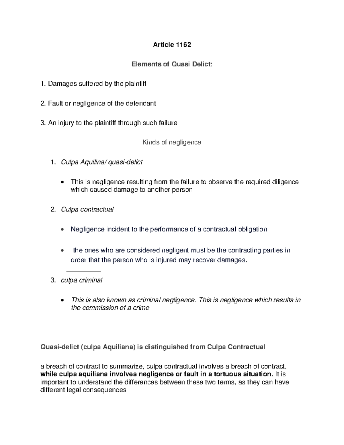 Oblicon - reviewer - Article 1162 Elements of Quasi Delict: Damages ...