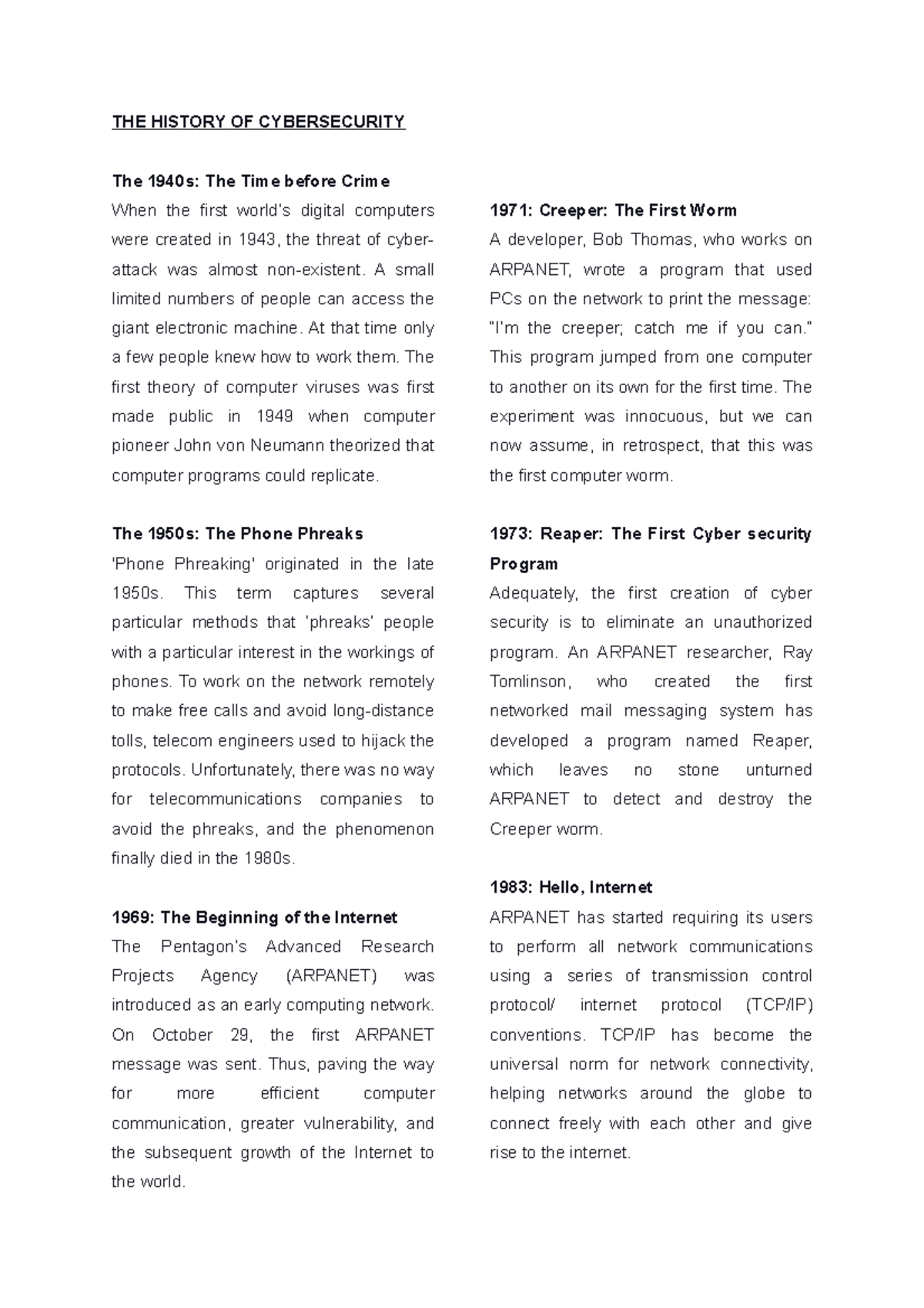 History OF Cybersecurity - THE HISTORY OF CYBERSECURITY The 1940s: The ...