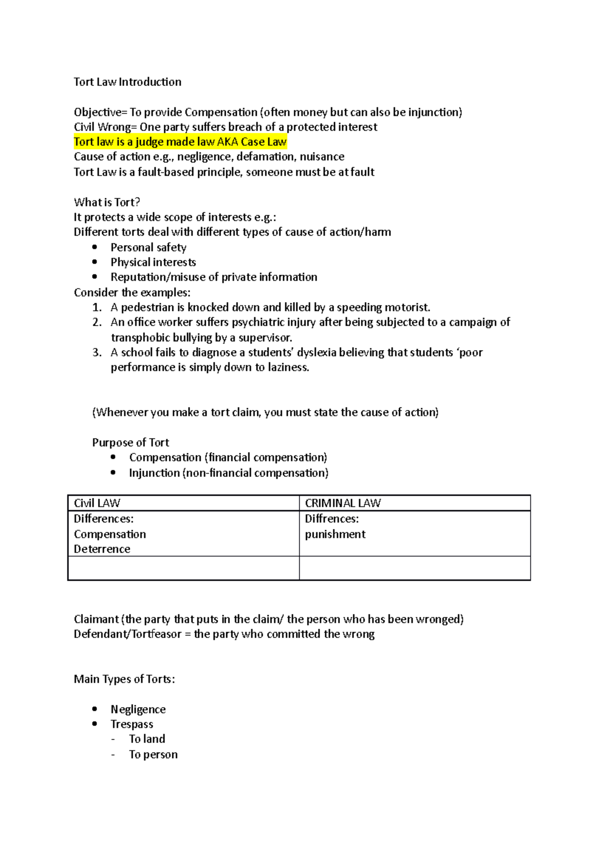 Tort Law Introduction - ccccccccc - Tort Law Introduction Objective= To ...